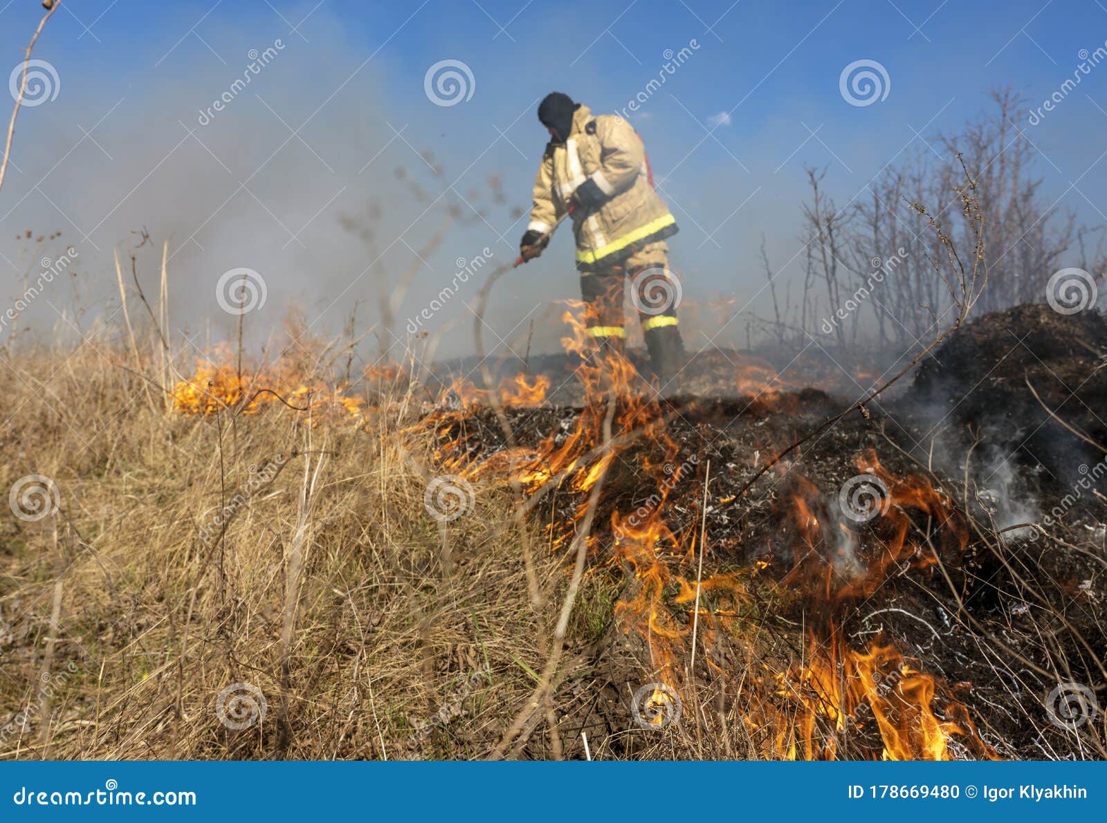 Firefighters Extinguish the Flames of Burning Grass Stock Photo - Image ...