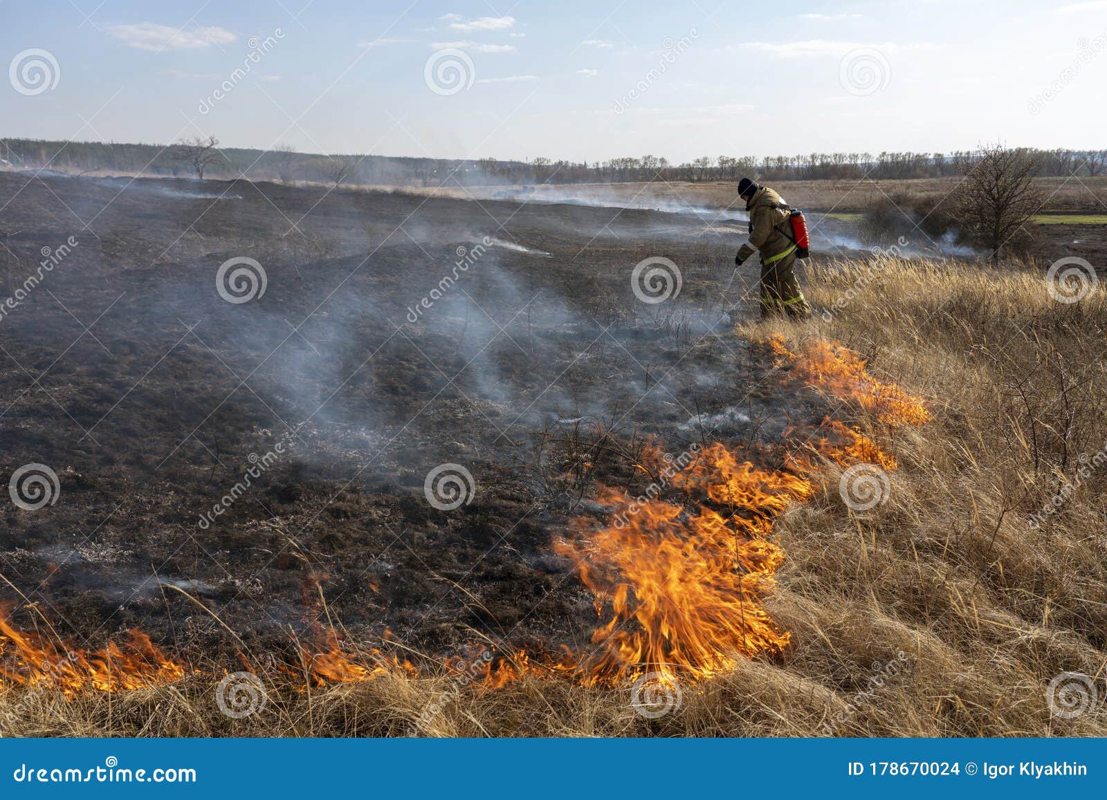Firefighters Extinguish the Flames of Burning Grass Stock Photo - Image ...