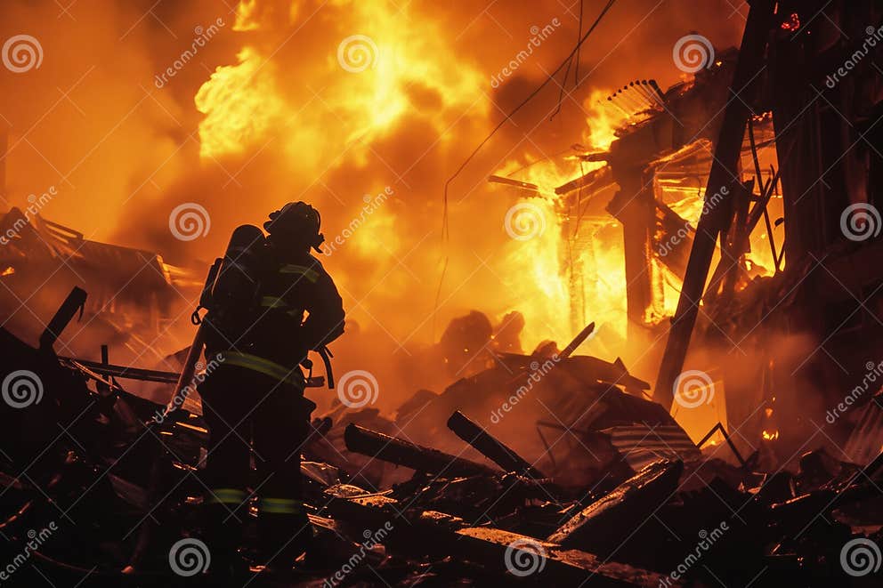 Firefighters Fighting a Fire in a Burning Building at Night ...