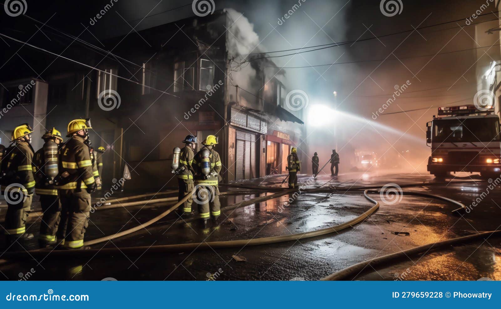Firefighters Fighting a Fire in a Burning Building at Night ...