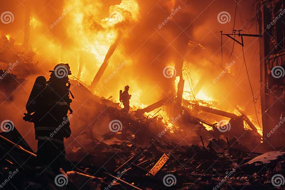 Firefighters Fighting a Fire in a Burning House. Firefighters Fighting ...