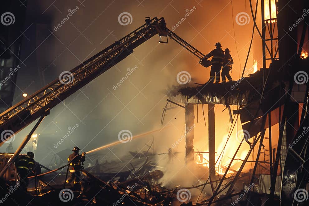 Firefighters Fighting a Fire at a Construction Site. Firefighters ...