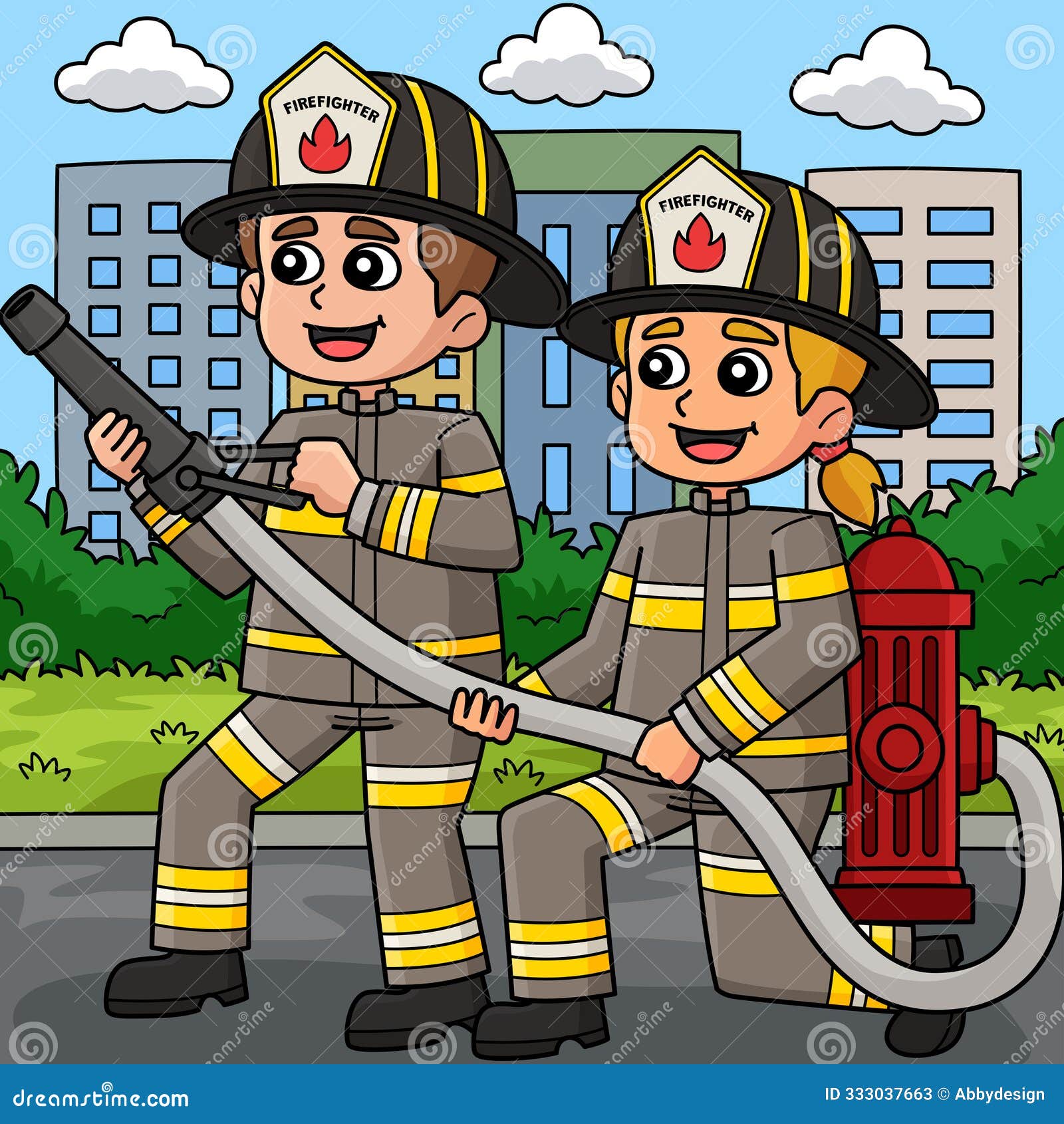 Firefighters with a Fire Hydrant Colored Cartoon Stock Illustration ...