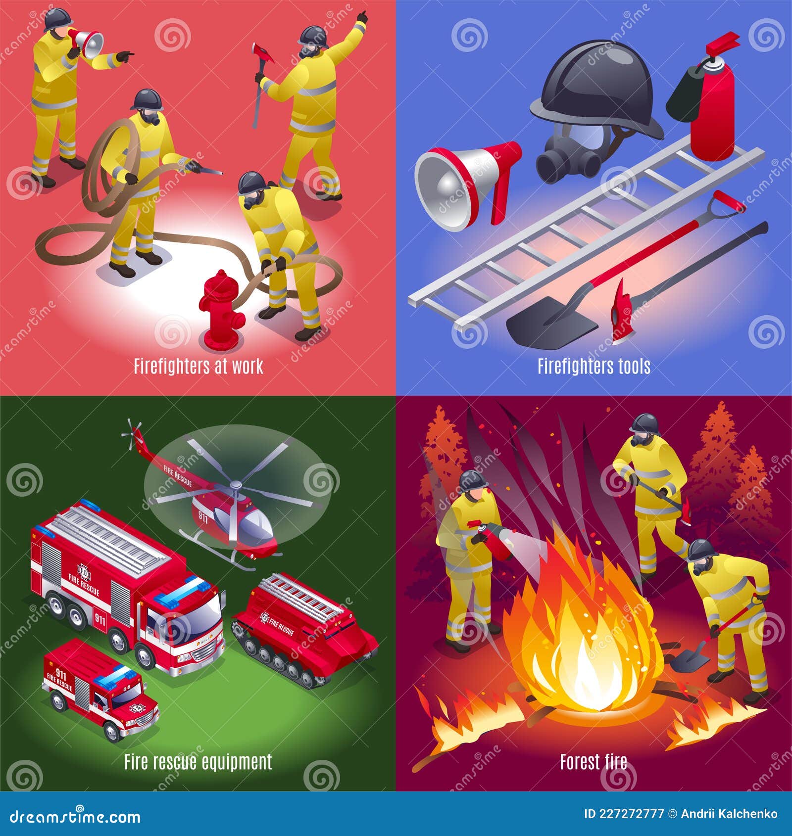 Firefighters, Fire Rescue Equipment and Tools 2x2, Isometric Icons ...