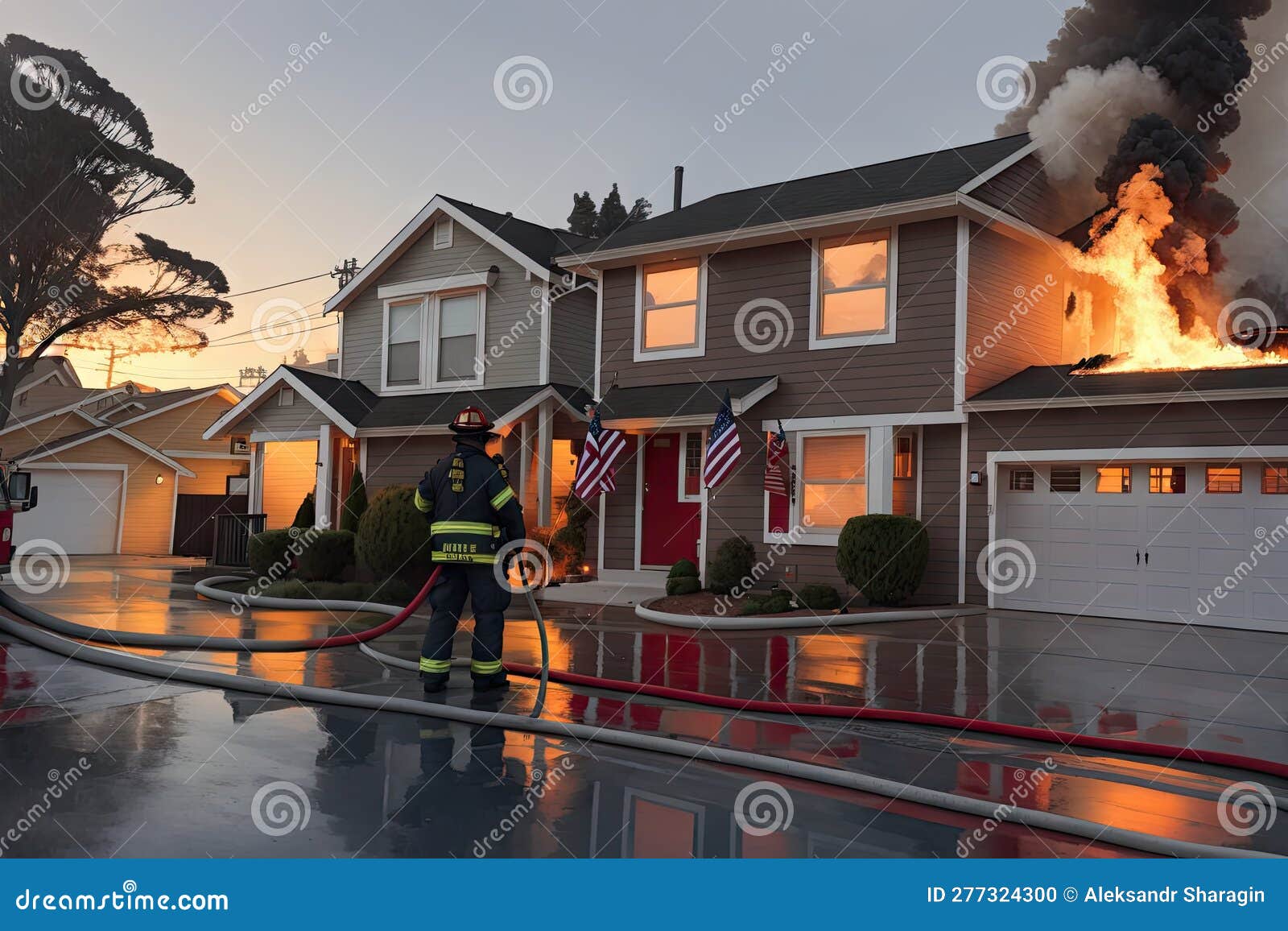 Firefighters in Front of Burning House, Generative Ai Stock ...