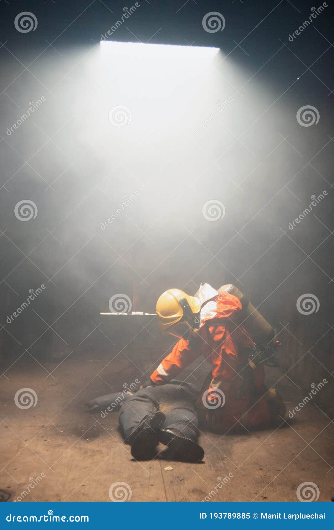 Firefighters are Helping People in a Burning and Smoky Building. Stock ...