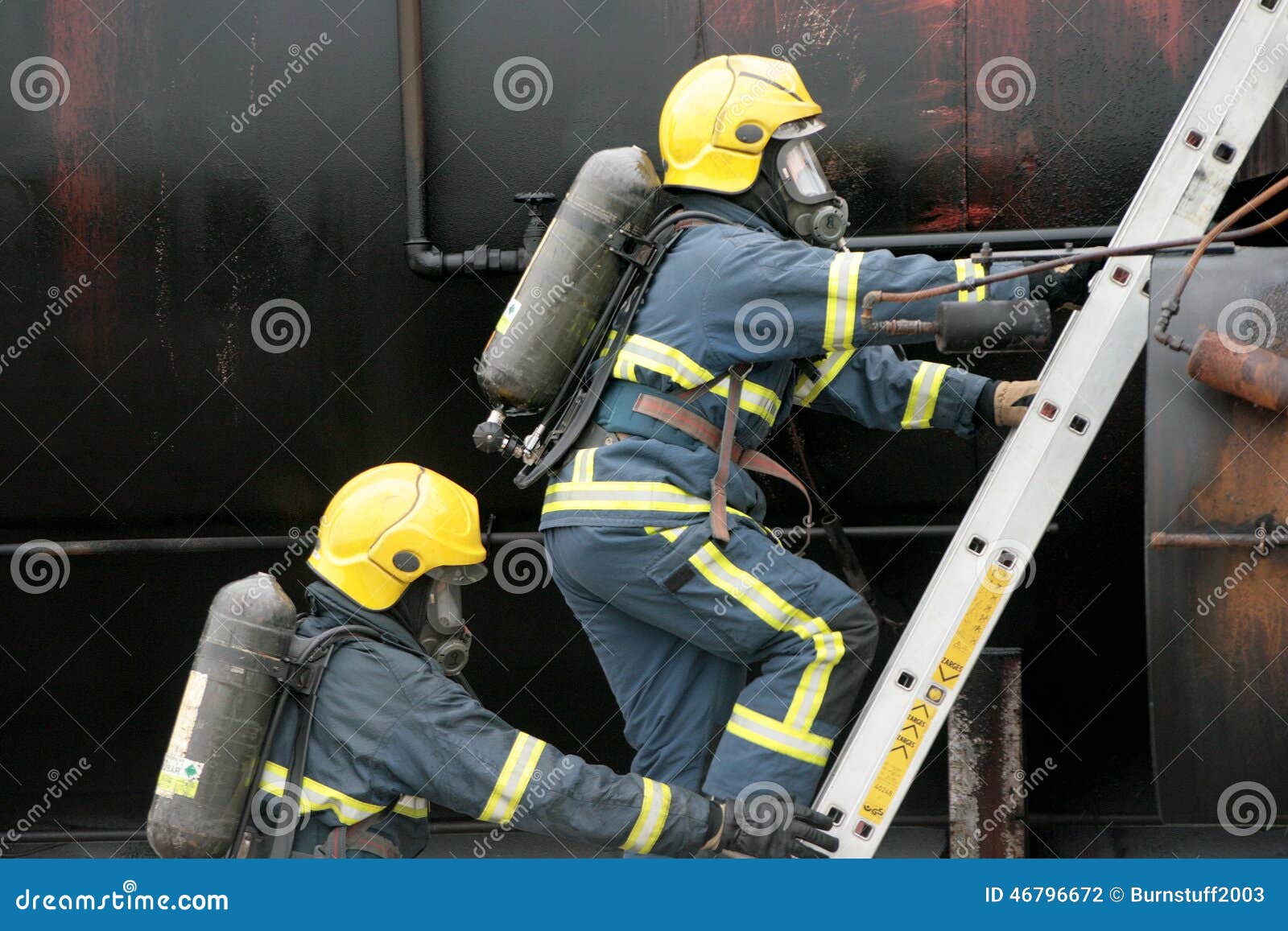 Firefighters on ladder editorial photography. Image of broken - 46796672