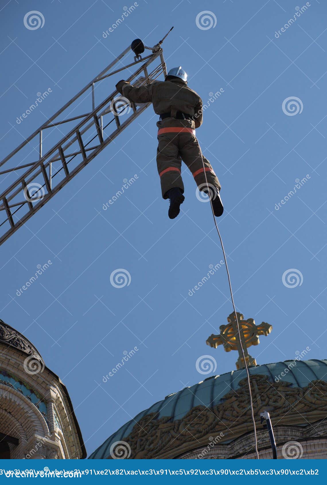 Firefighters on the Ladder of High Stock Photo - Image of fire, chrome ...