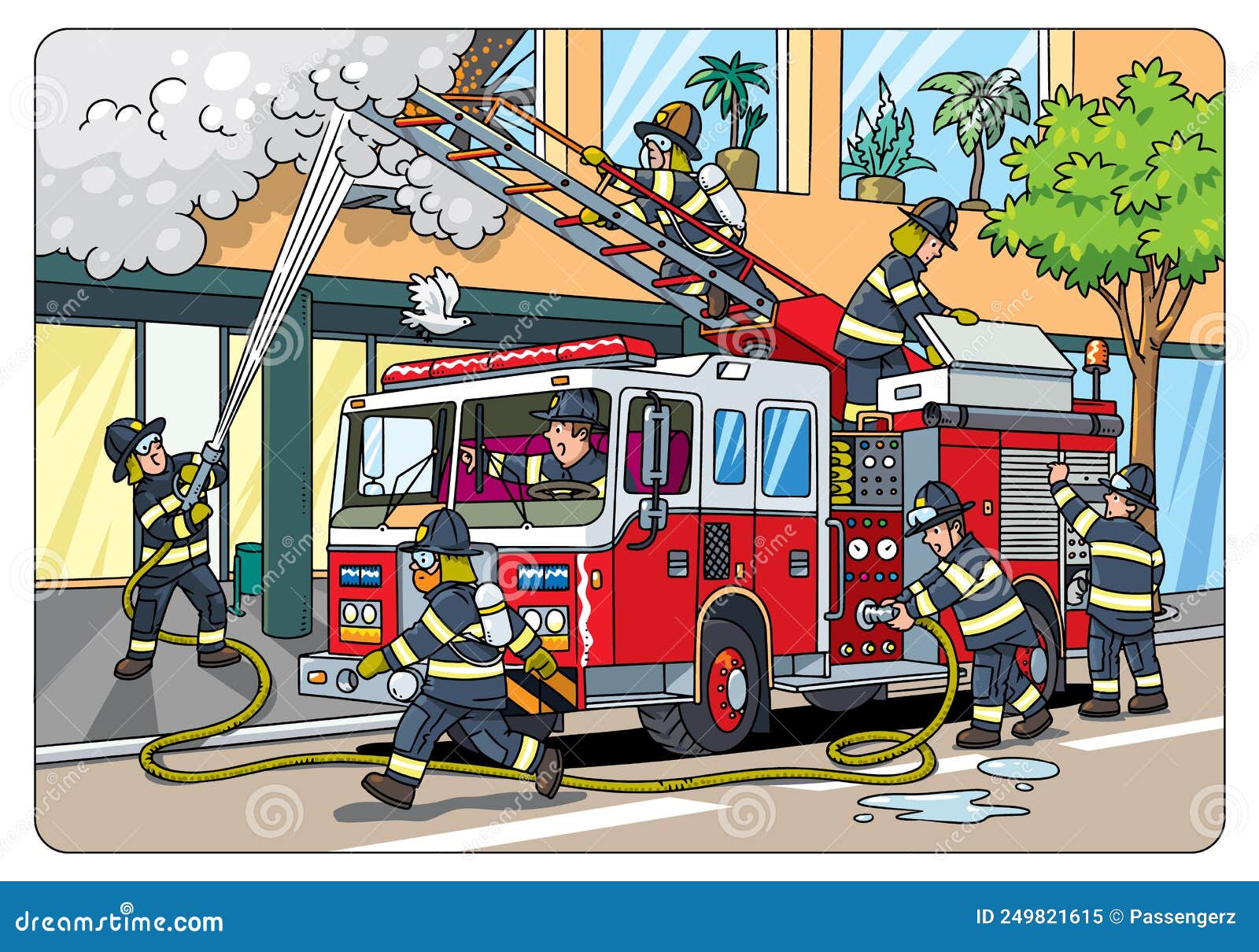 Firefighters Near A Fire Truck Extinguish The Fire Cartoon Vector ... Firefighters Near A Fire Truck Extinguish The Fire Cartoon Vector ...