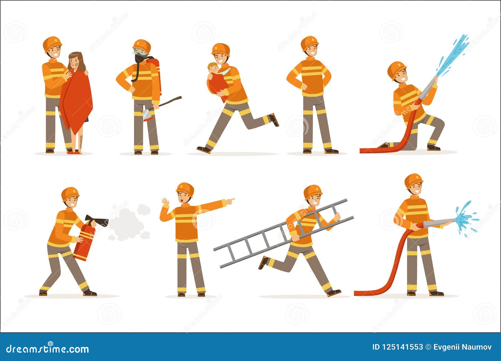 Firefighters in Orange Uniform Doing Their Job Set. Fireman in ...