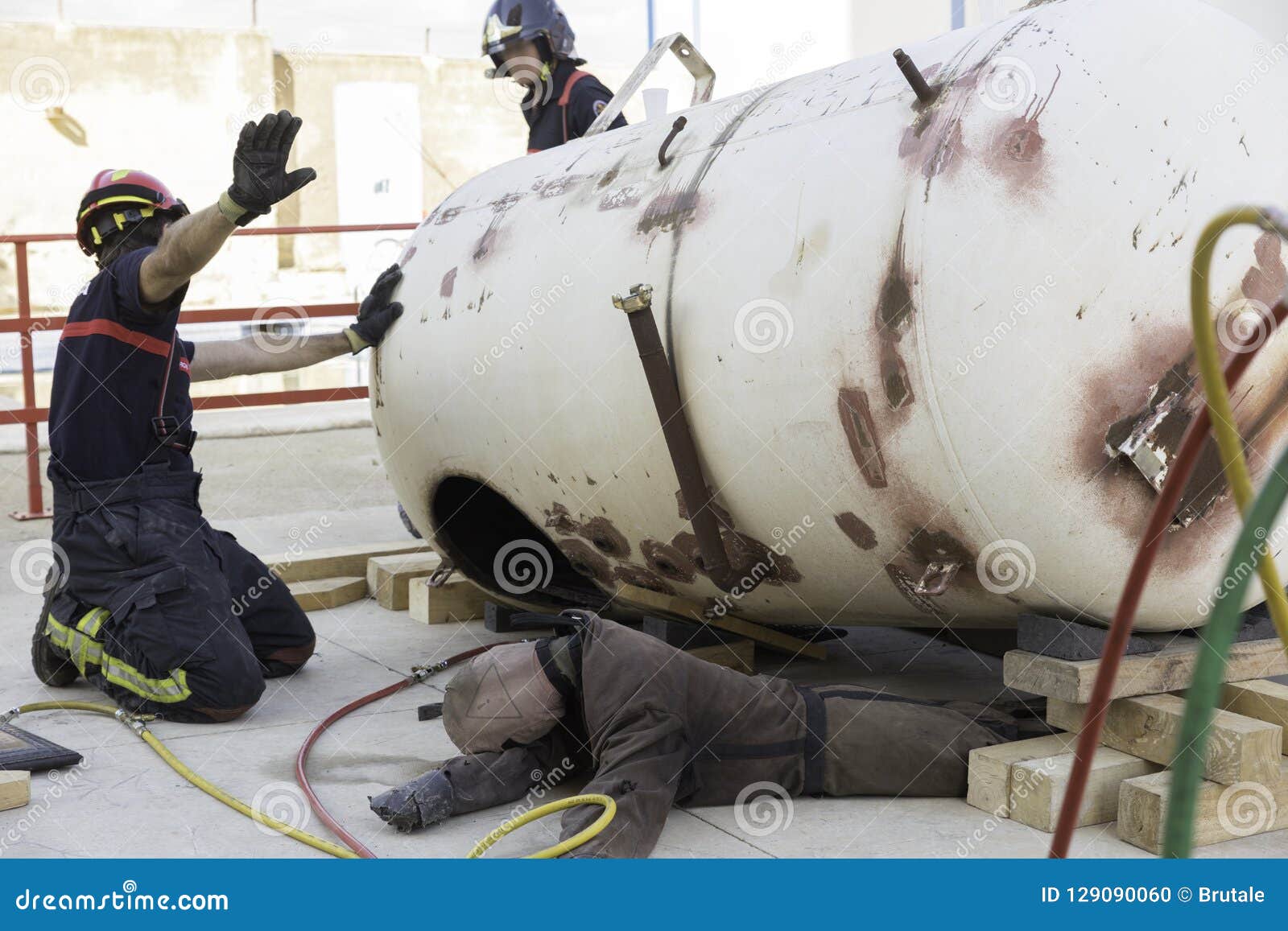 Firefighters Practicing Rescue of Victims with Liftings Bags Stock ...