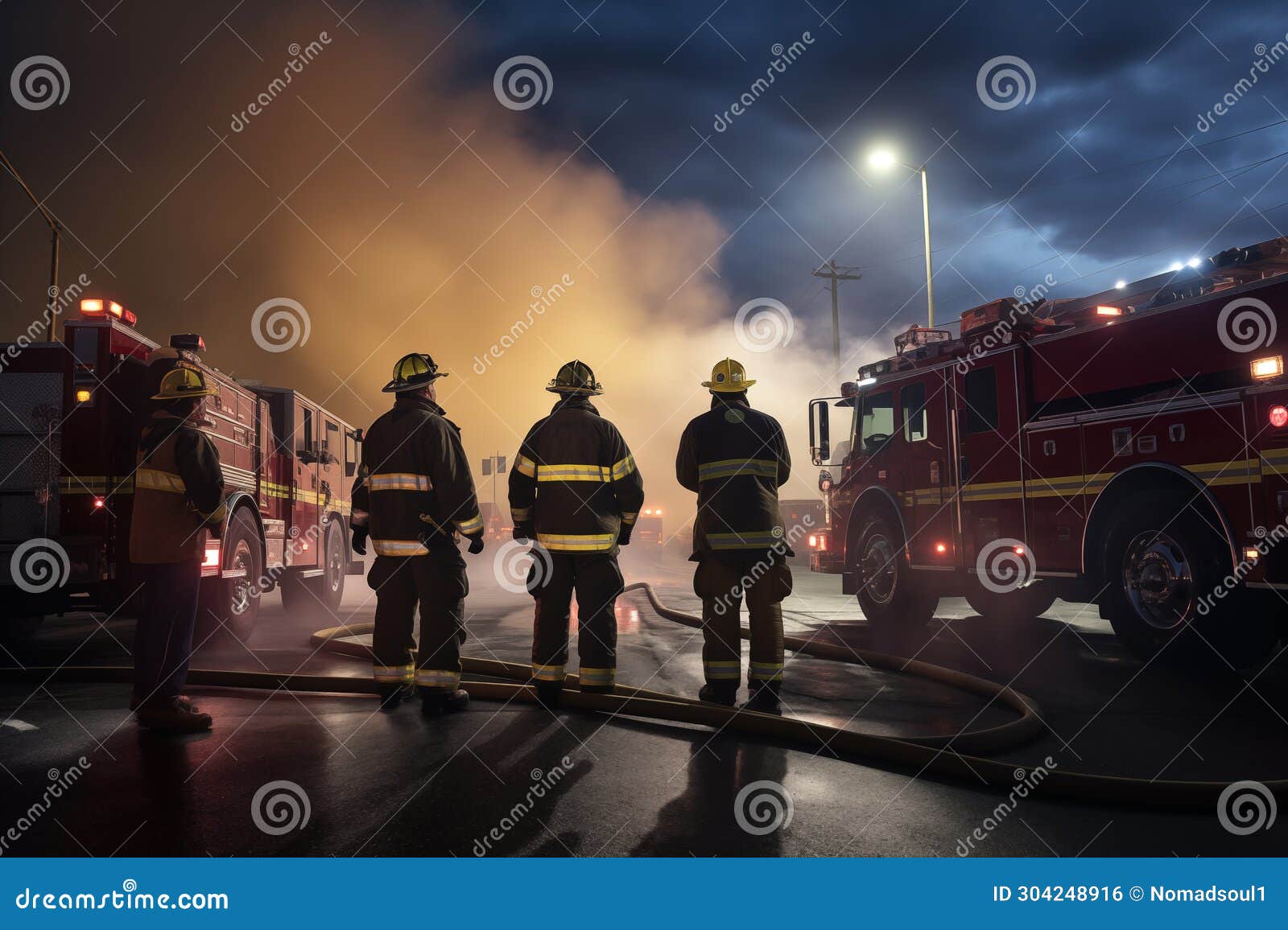 Firefighters Professional Rescue Team Looking at Smoke from Fire ...