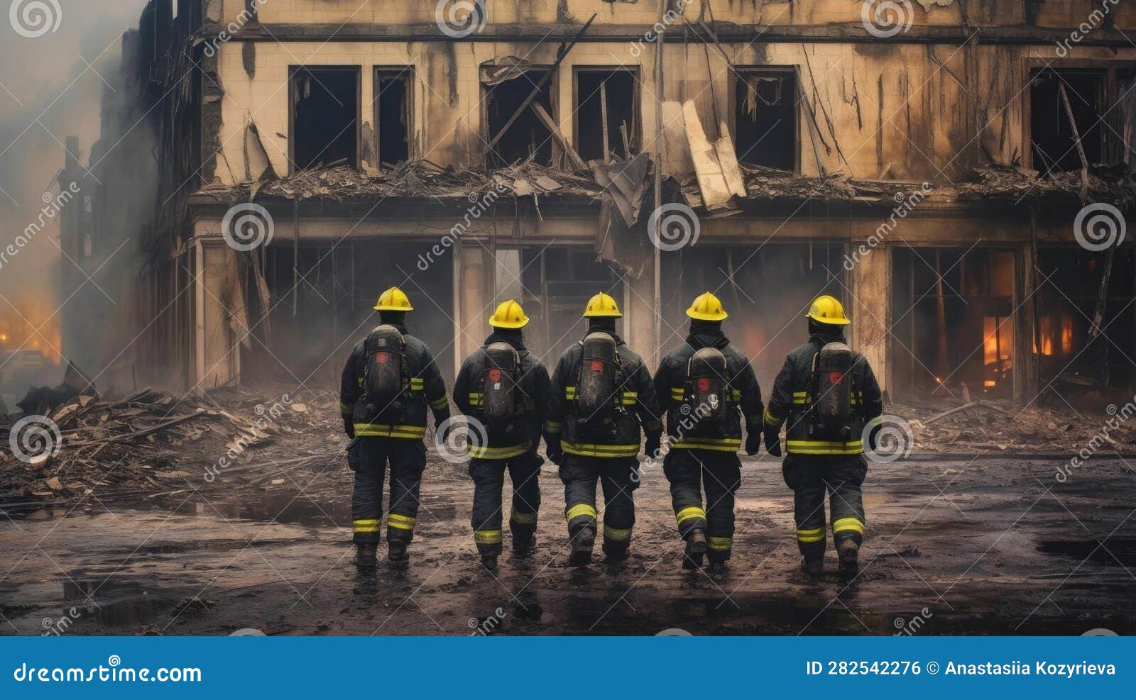 Firefighters Put Out a Fire in a Burned-out House. Concept Scene ...