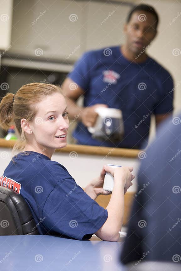 Firefighters Relaxing in the Staff Kitchen Stock Image - Image of ...