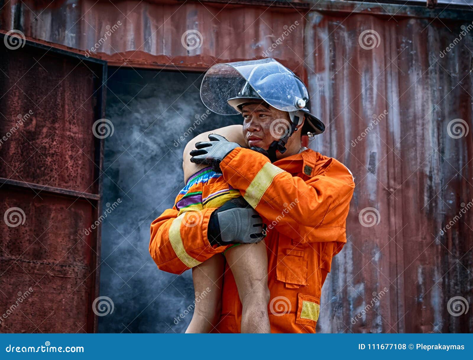 Firefighters Save the Boy from Burnt Place Stock Photo - Image of ...