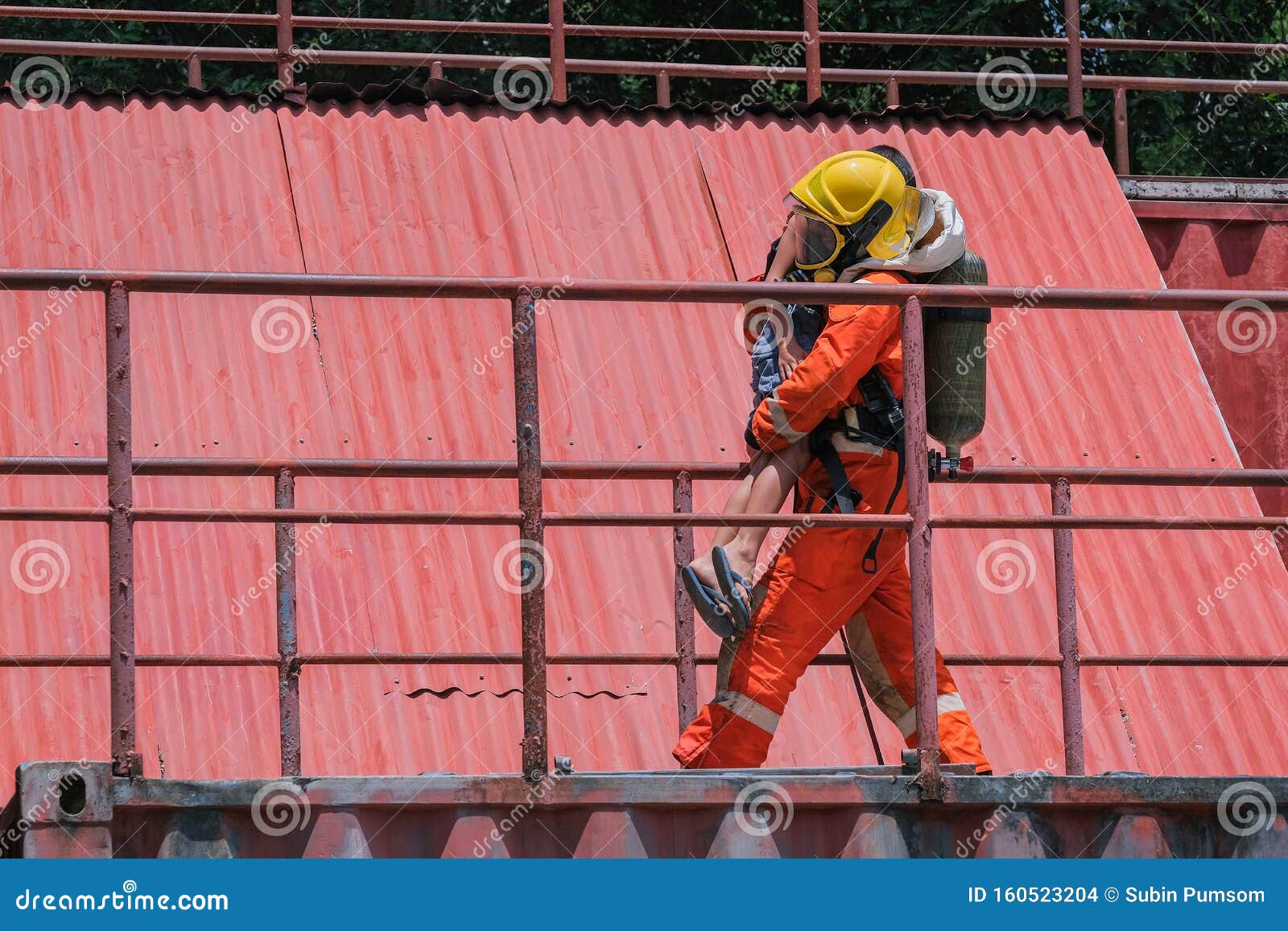 Firefighters Save Children from High Places in Fire Accident Stock ...