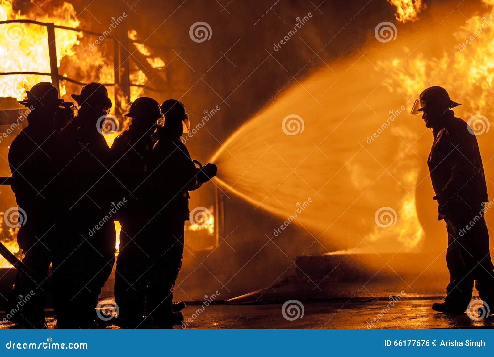 Firefighters Spraying High Pressure Water To Fire With Copy Space, Big ...