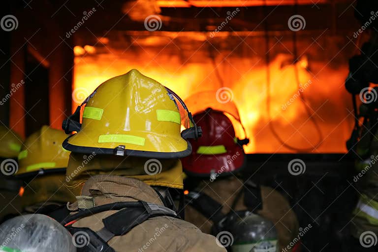 Firefighters Structure Fire Stock Image - Image of inferno, helmets ...