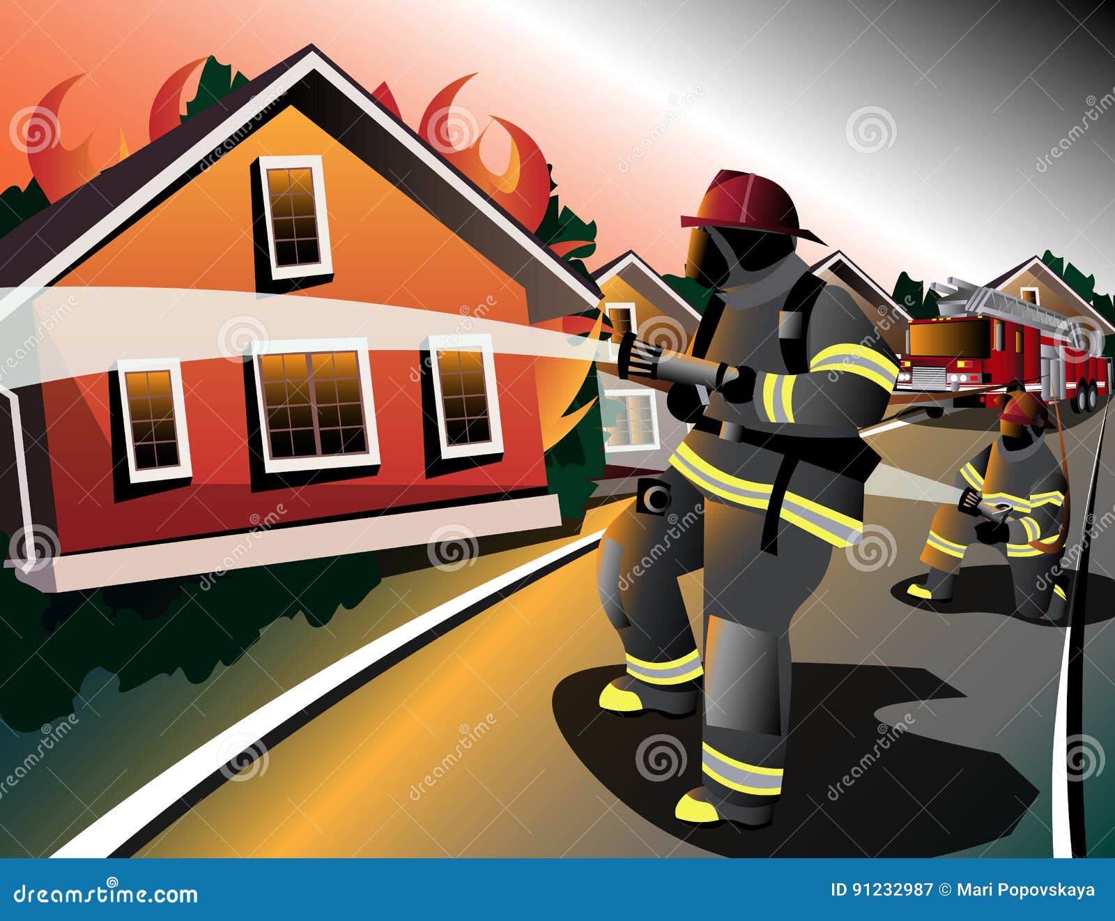 Firefighters Try To Extinguish Burning Houses Stock Vector ...