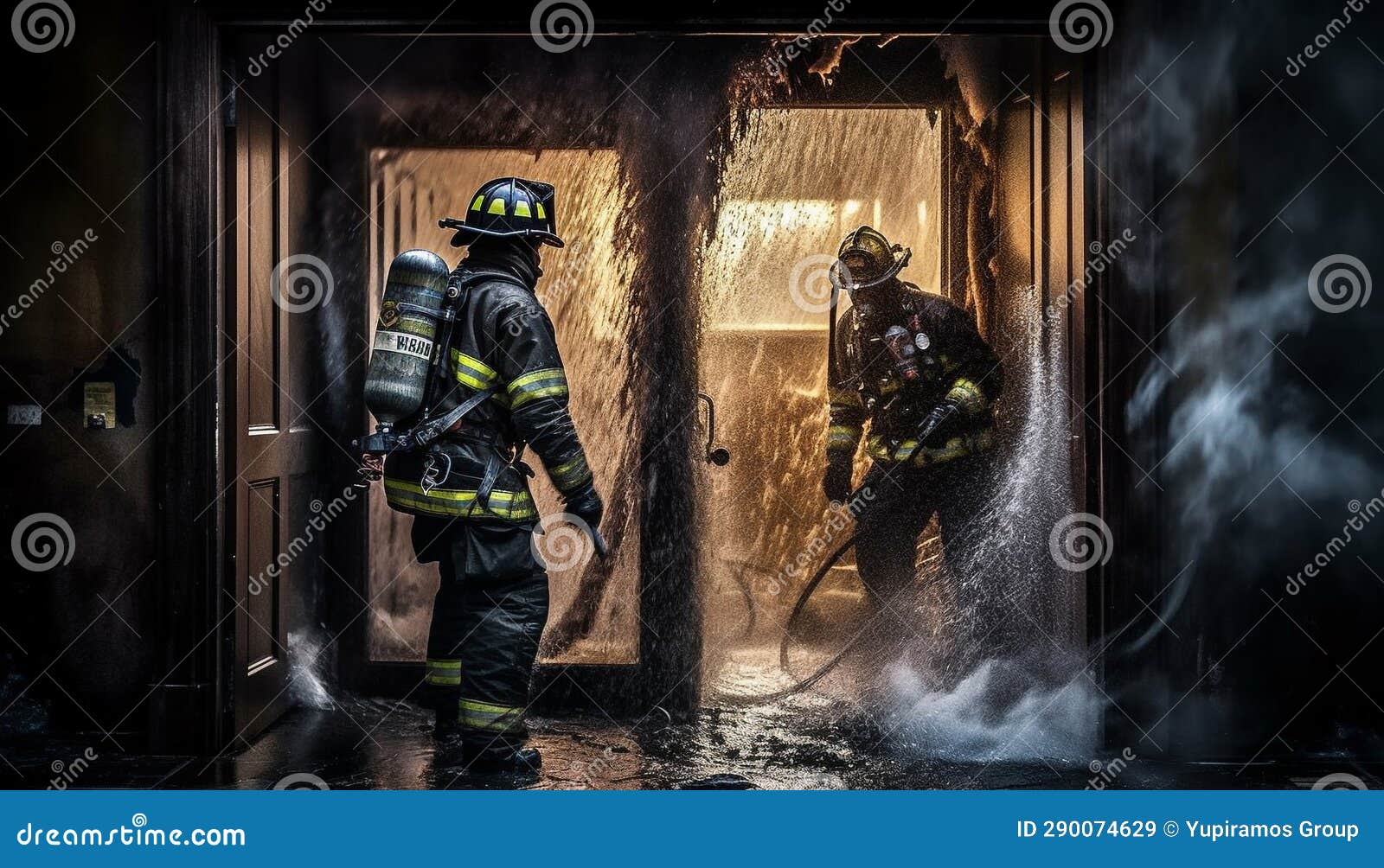 Firefighters in Uniform Working Together To Extinguish Burning Flames ...