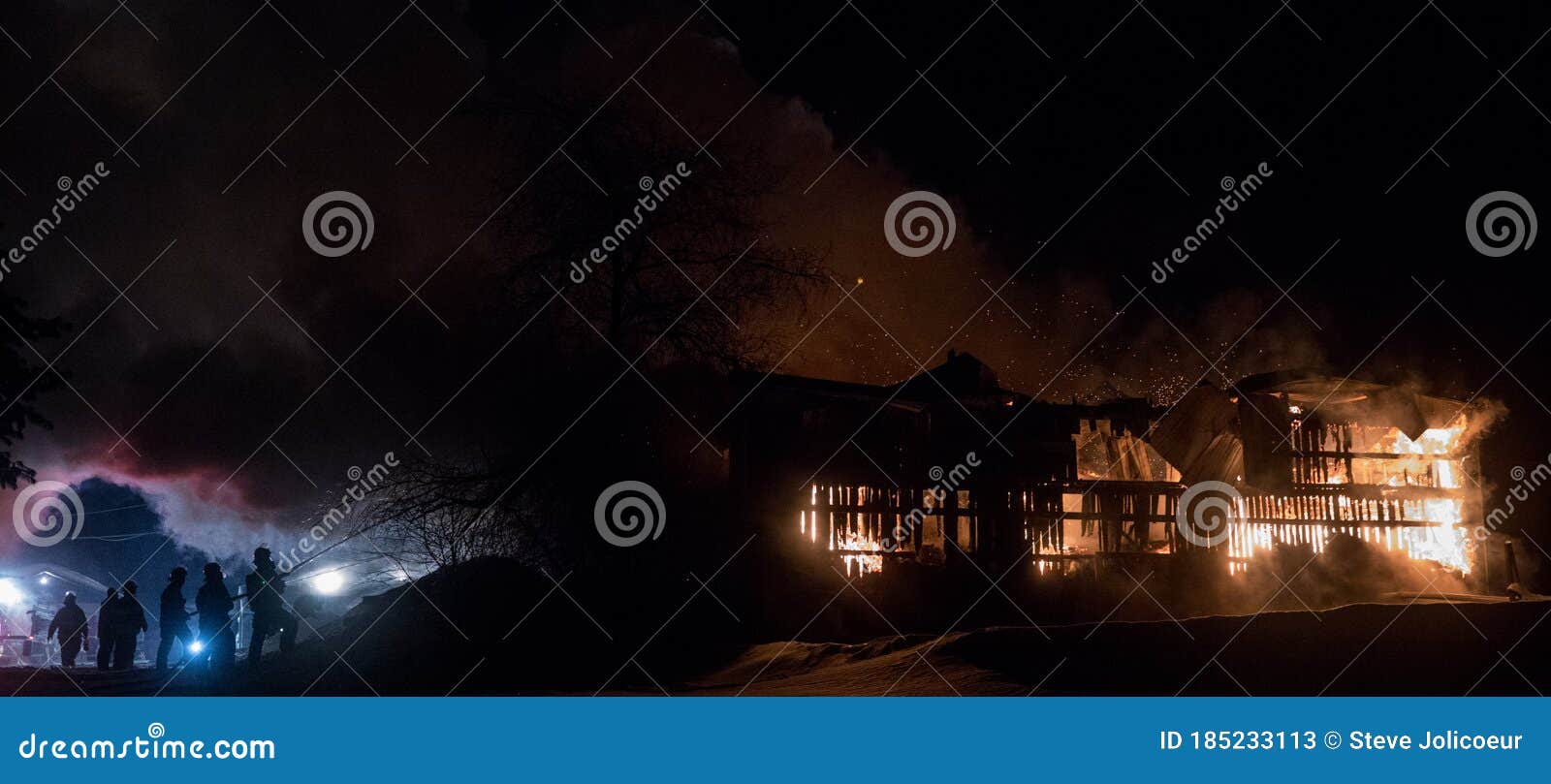 Blazing Fire Barn with Firefighters in Shadow Stock Image - Image of ...