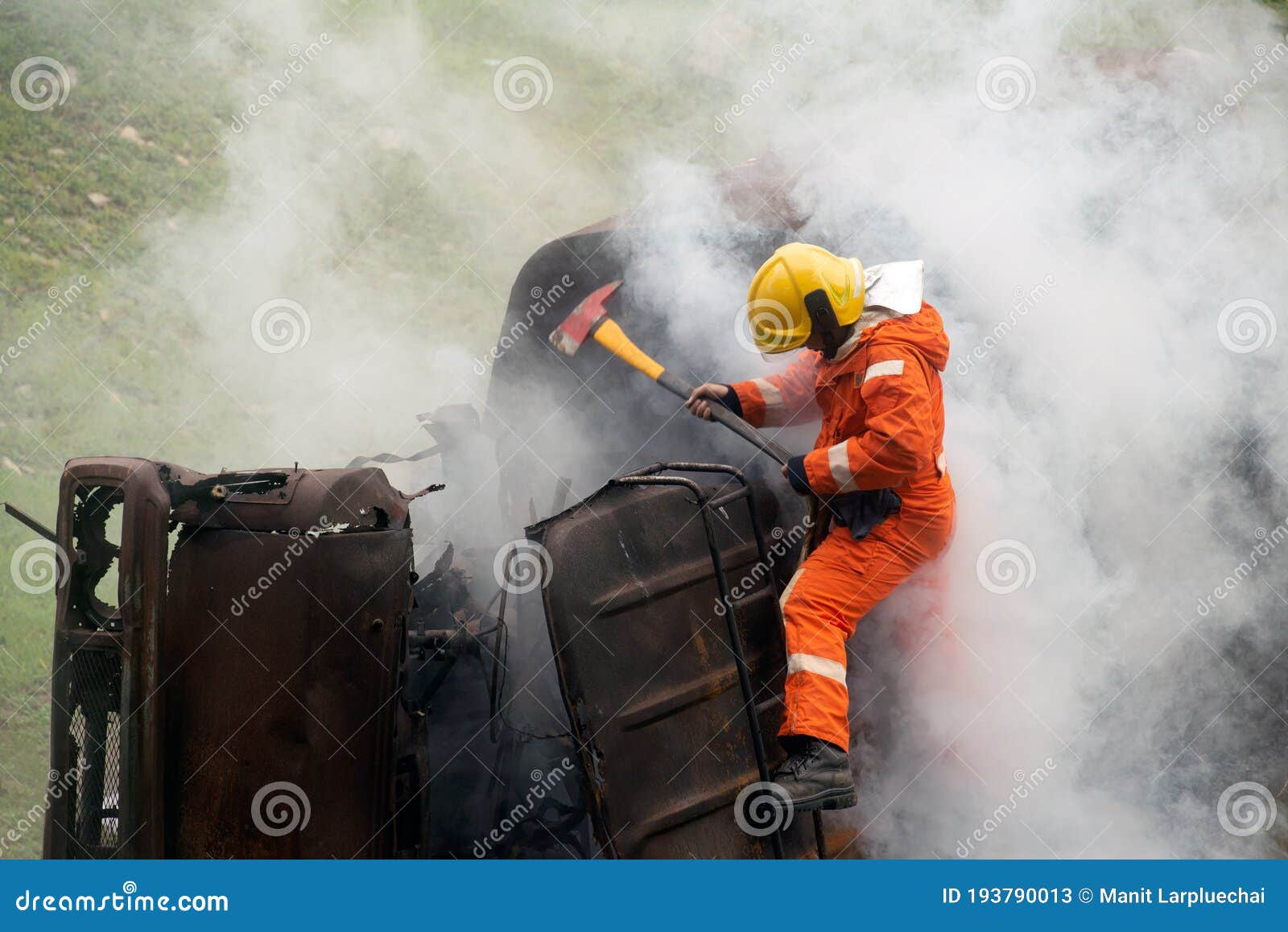 Firefighters Using Ax Destroy Obstacles in a Burning and Smoky Car ...
