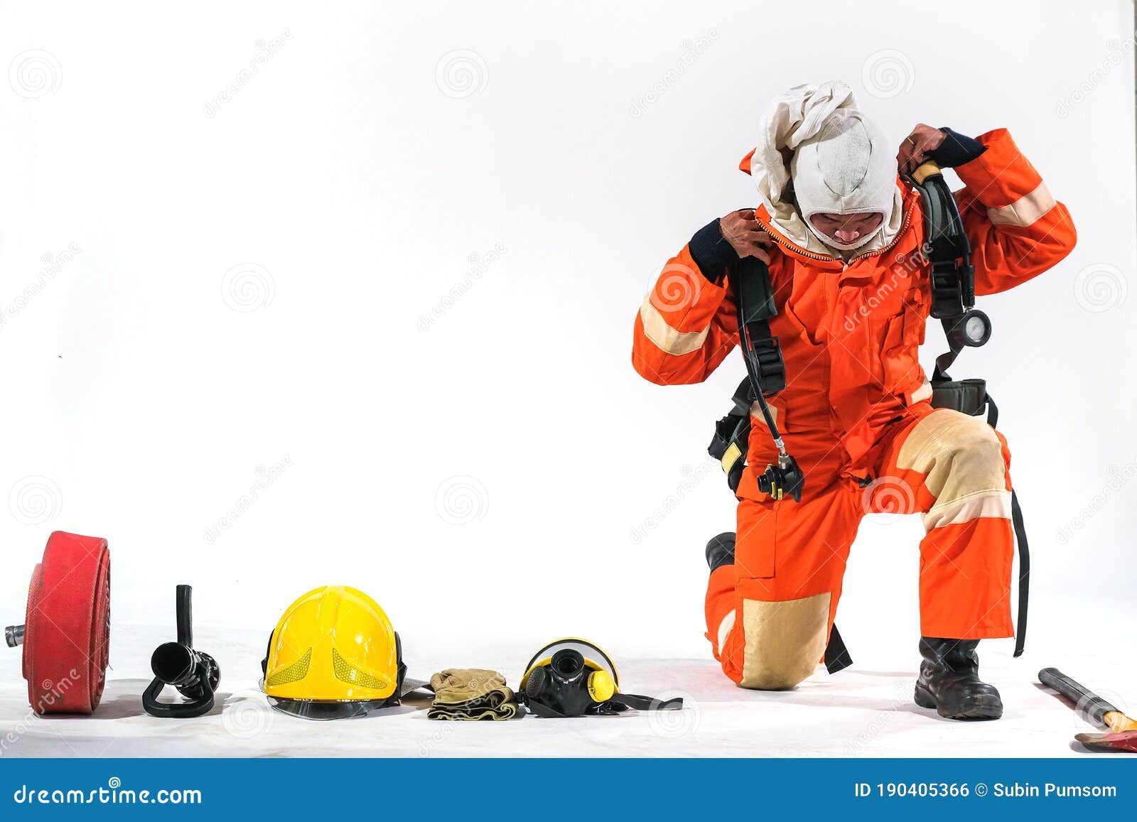 Firefighters Wearing Firefighting Clothing On White Background And ...