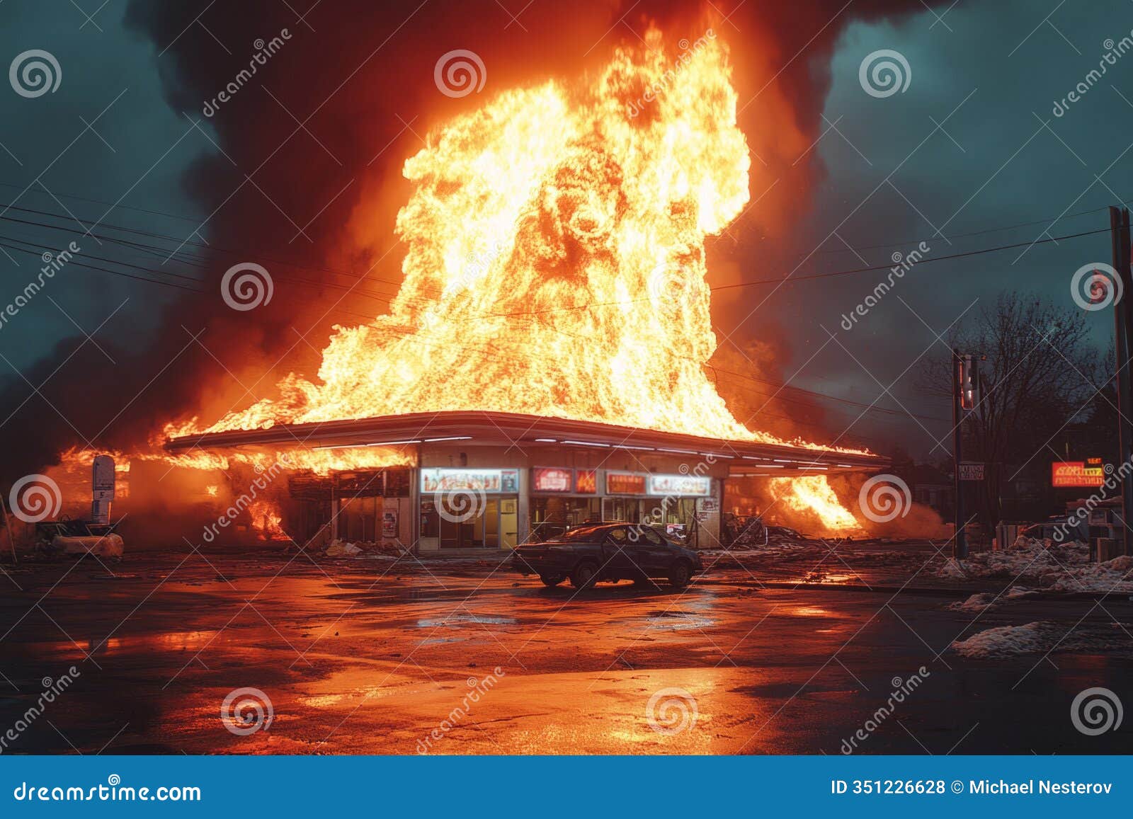 Firefighters Working during Dangerous Night Fire Disaster, Gas Station ...
