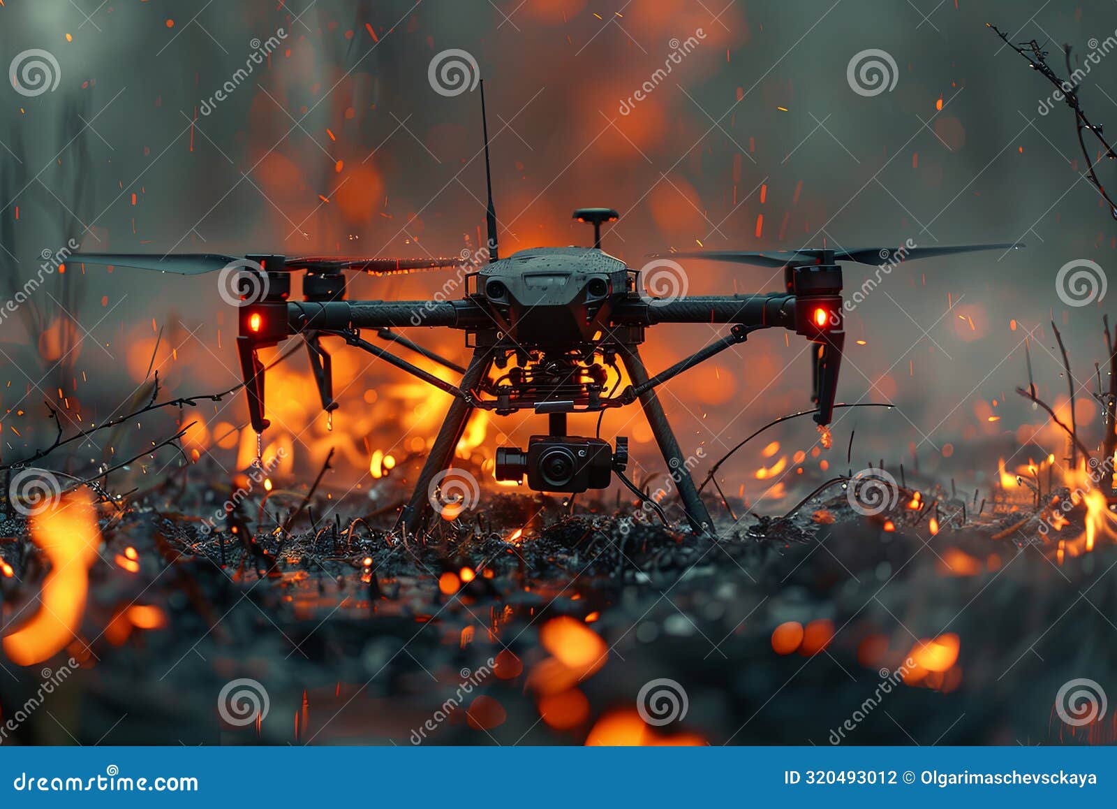 Firefighting Drone Flying Over a Burning Forest. Technologies of Fire ...