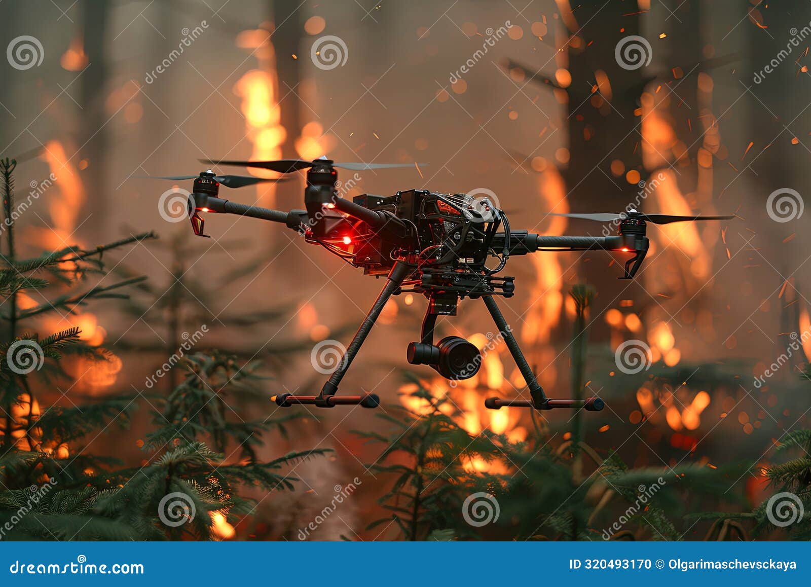 Firefighting Drone Flying Over a Burning Forest. Technologies of Fire ...