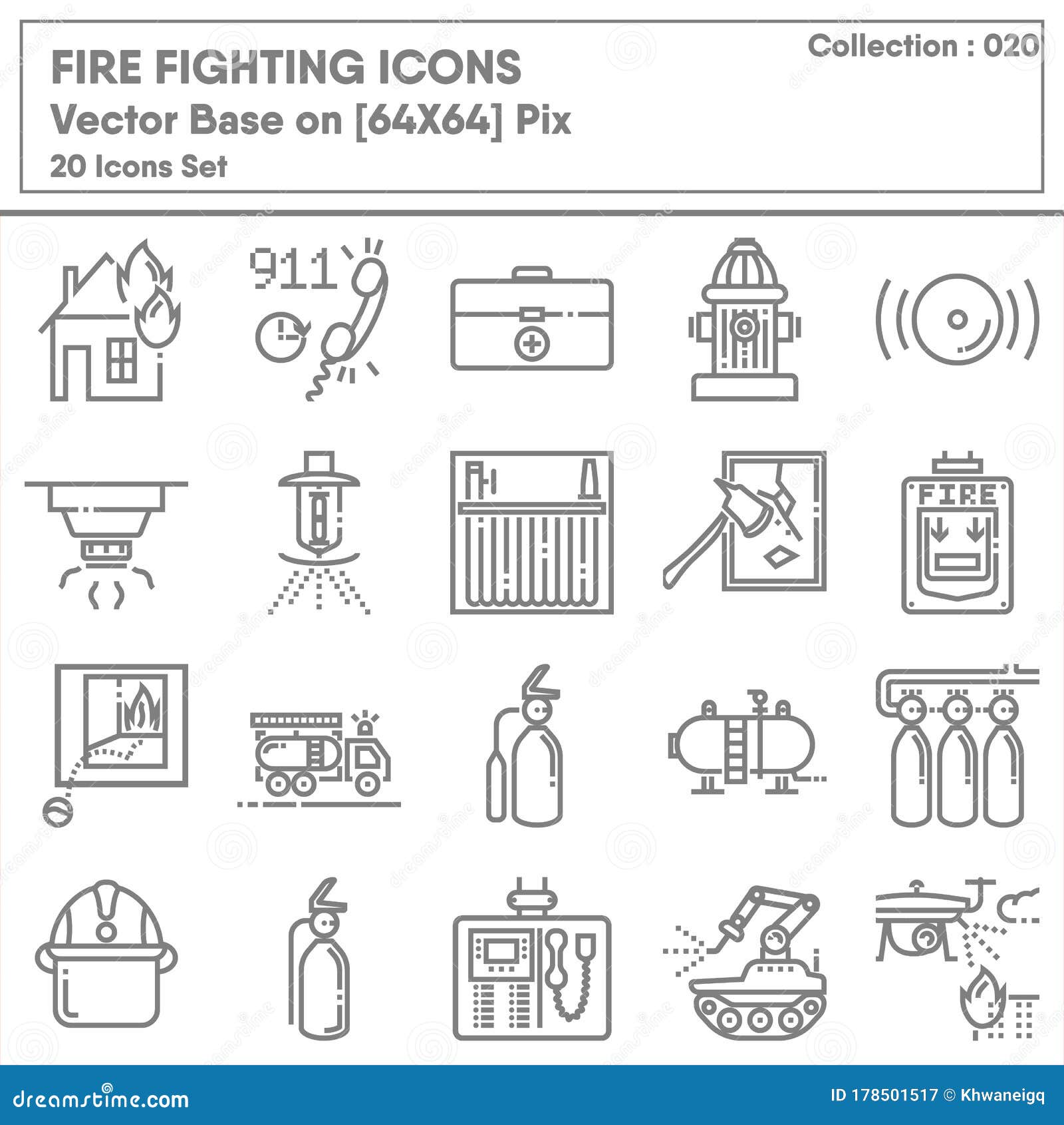 Firefighting and Fire Protection System Safety Icon Set, Firefighter ...