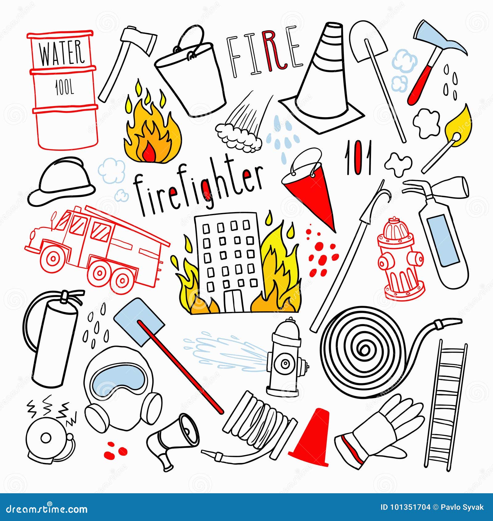 Firefighting Hand Drawn Doodle. Firefighter, Fireman, Emergency ...