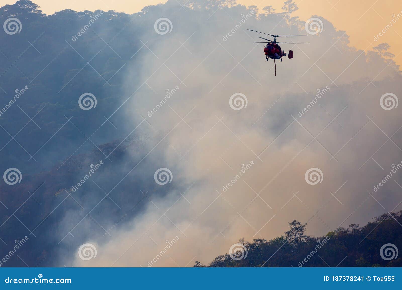 Firefighting Helicopter Dropping Water on Forest Fire Stock Image ...