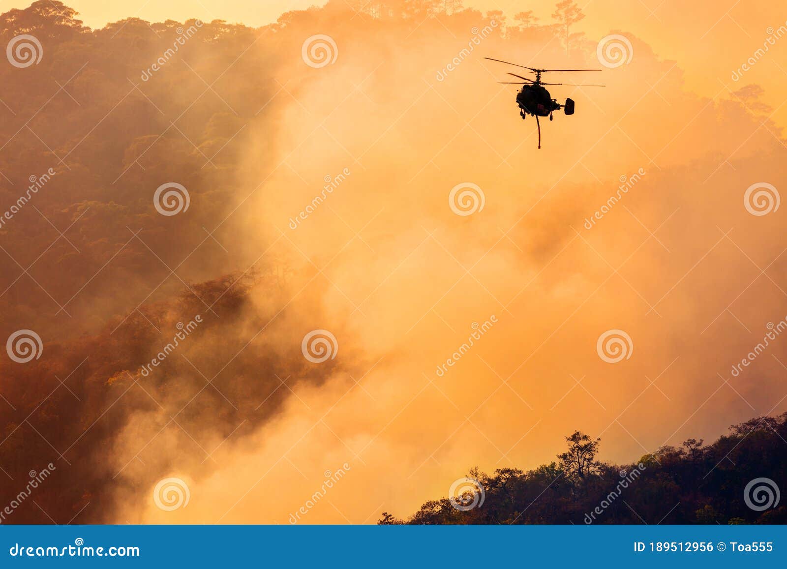 Firefighting Helicopter Dropping Water on Forest Fire Stock Photo ...