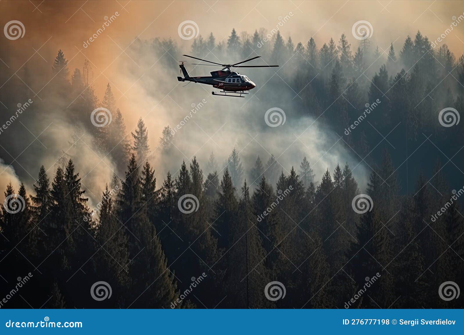 A Firefighting Helicopter is Seen Flying Over a Raging Forest Fire ...