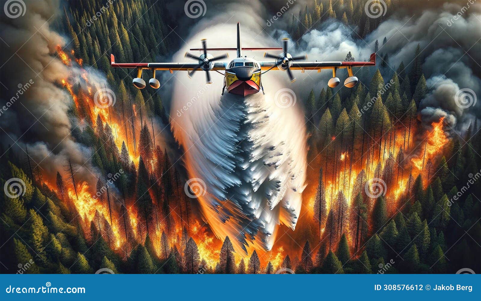 A Firefighting Plane Extinguishes a Burning Forest. Stock Photo - Image ...
