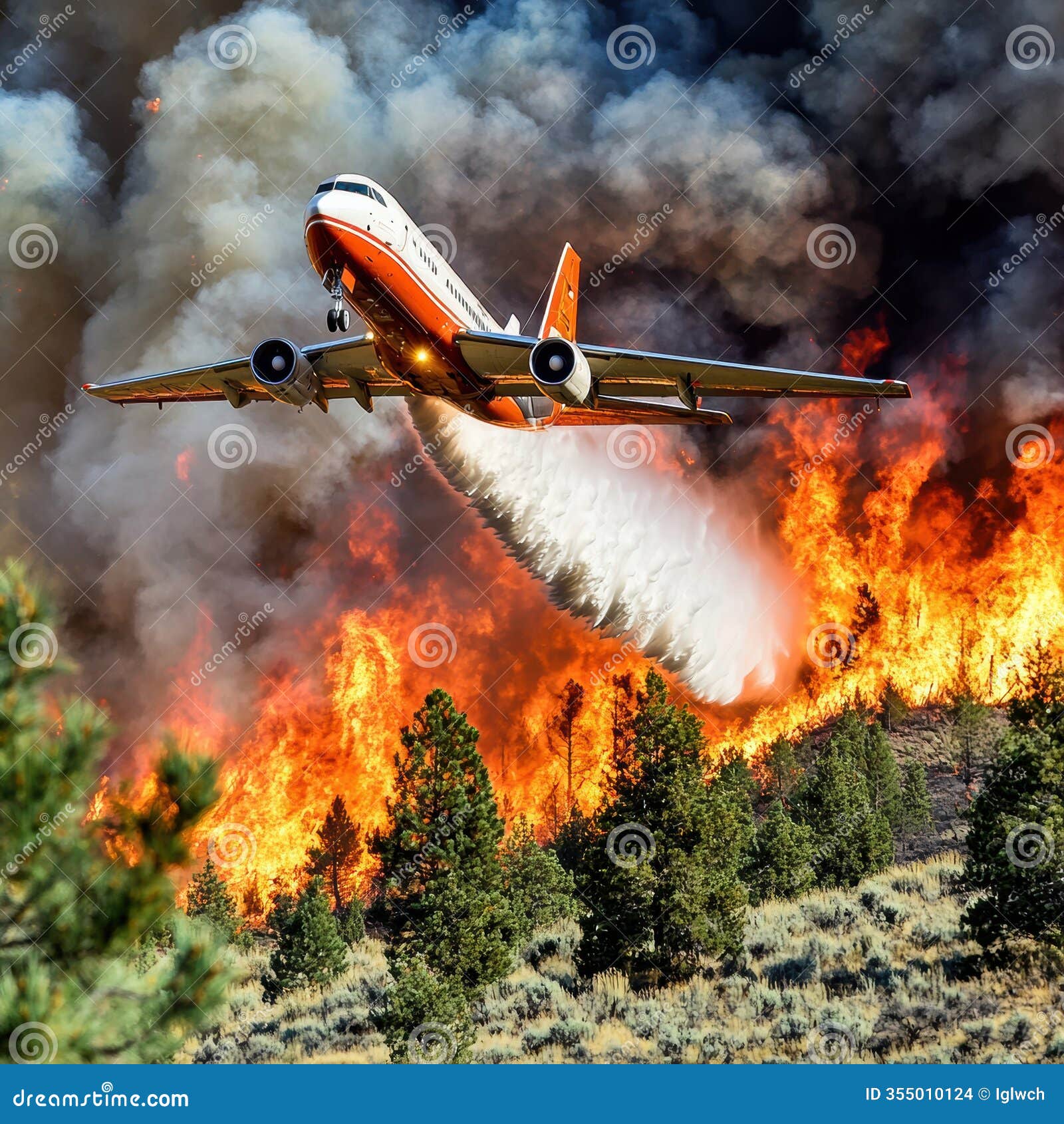 Firefighting Plane Performs Aerial Water Drop during Forest Fire ...