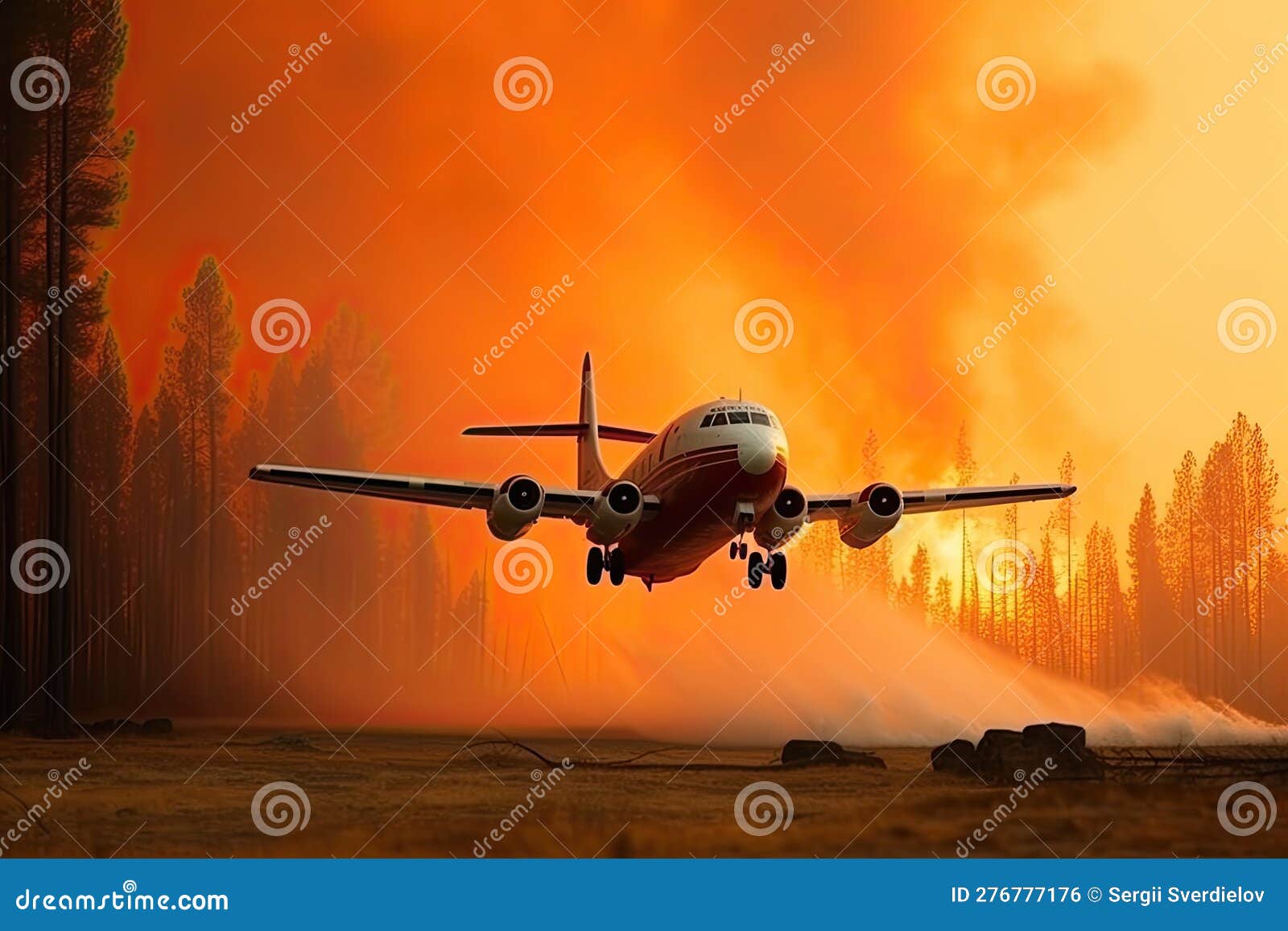 Firefighting Plane Dropping Water Above Burning Forest. Aerial ...