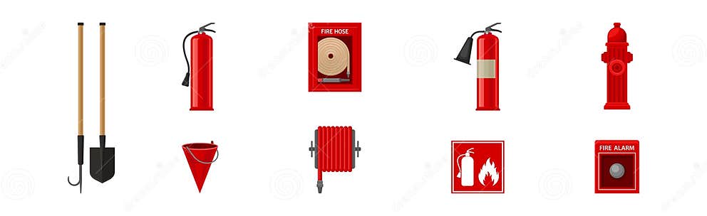 Firefighting Tools and Equipment for Fire Extinguishing Vector Set ...