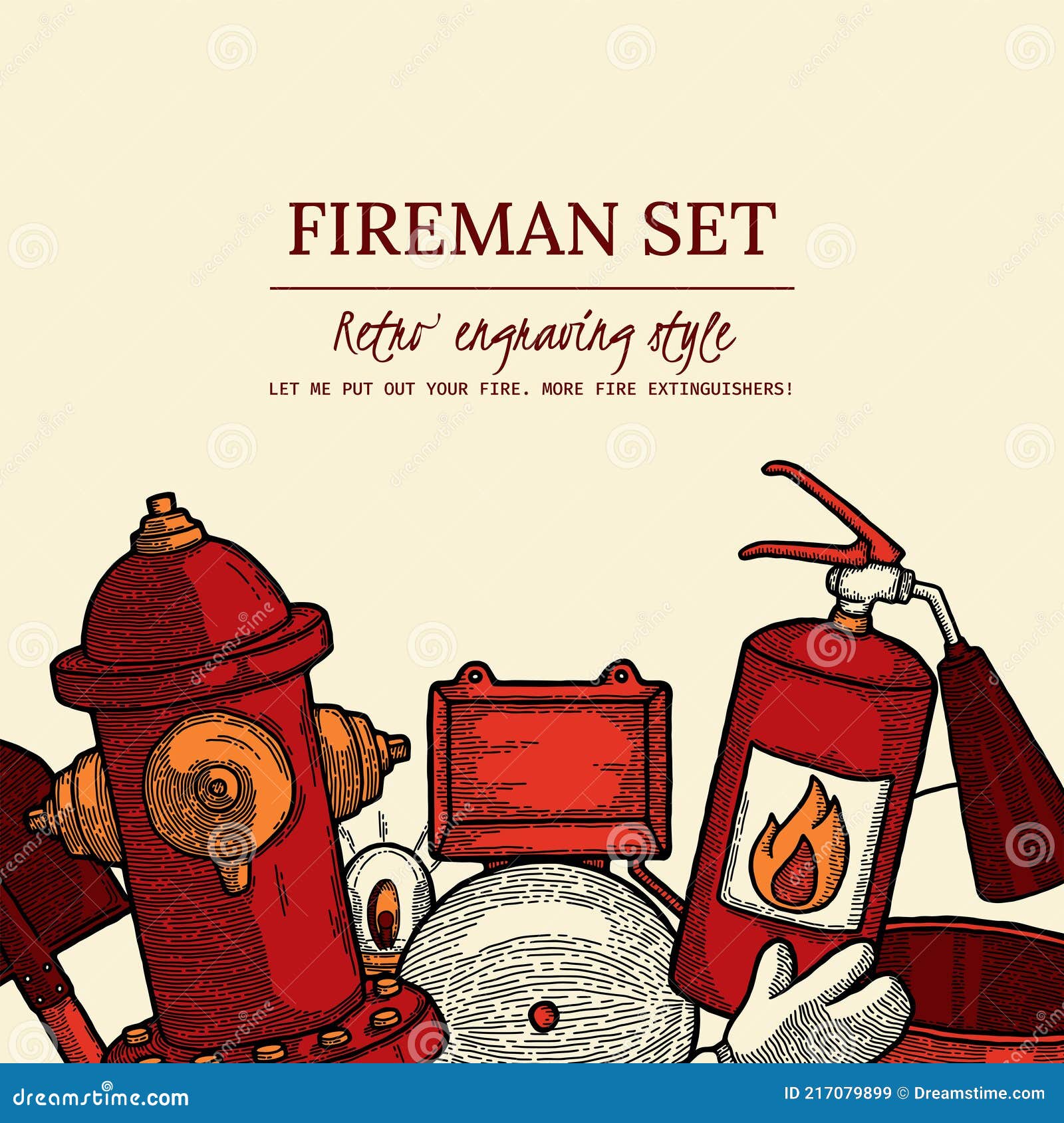Firefighting Vintage Elements Set of Fireman Tools Vector Illustration ...