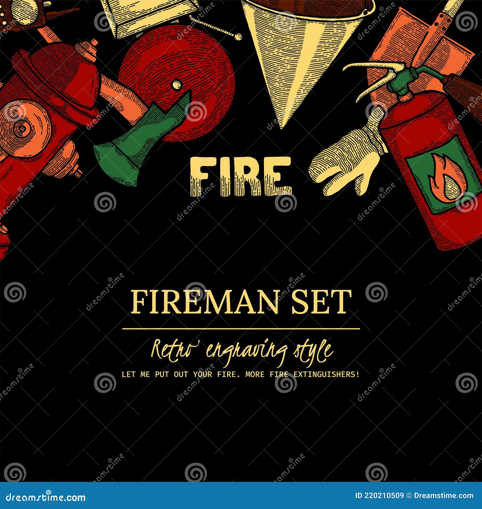 Firefighting Vintage Elements Set of Fireman Tools Vector Illustration ...