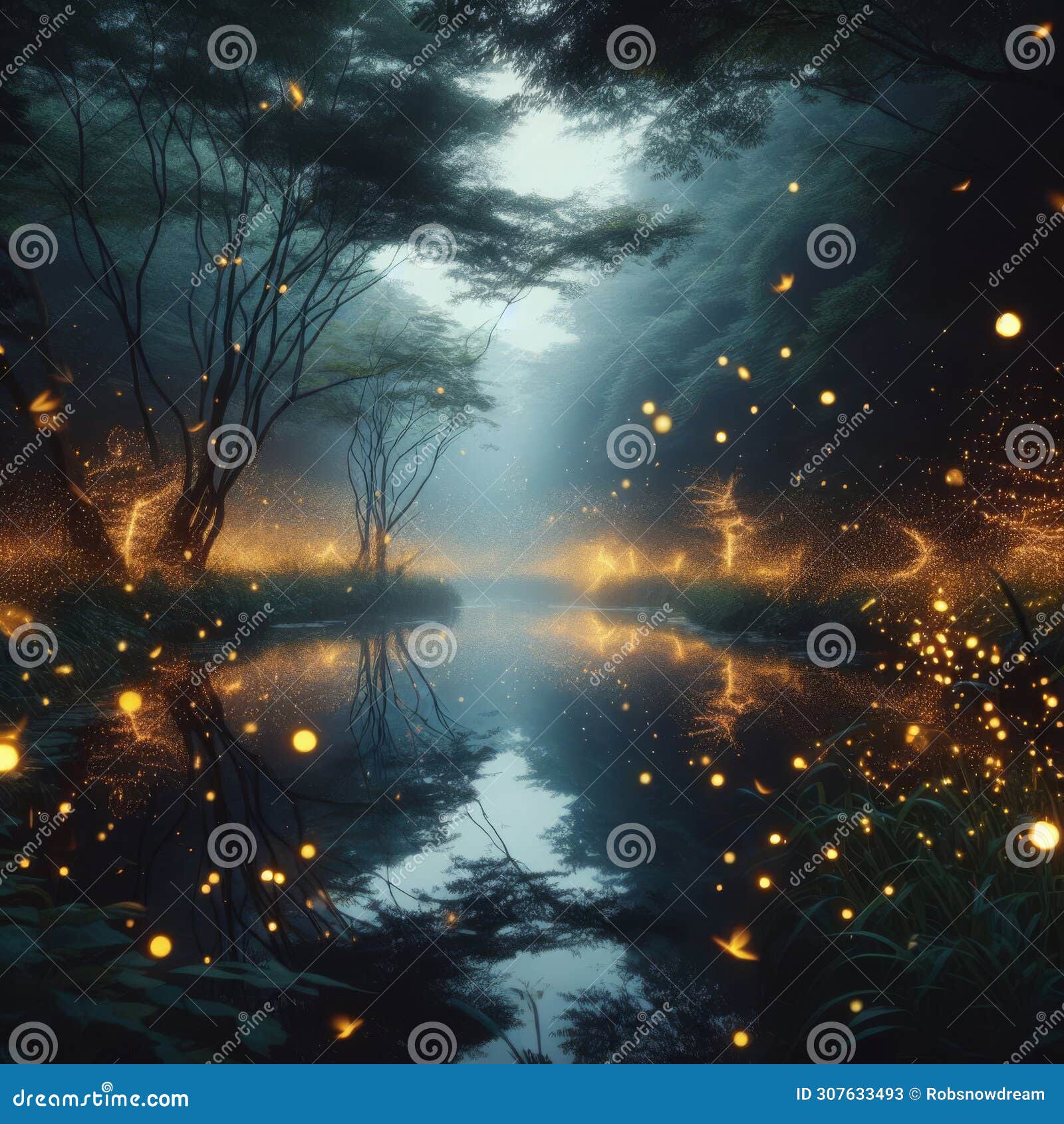 Fireflies Buzz Around a Moonlit Pond Stock Illustration - Illustration ...