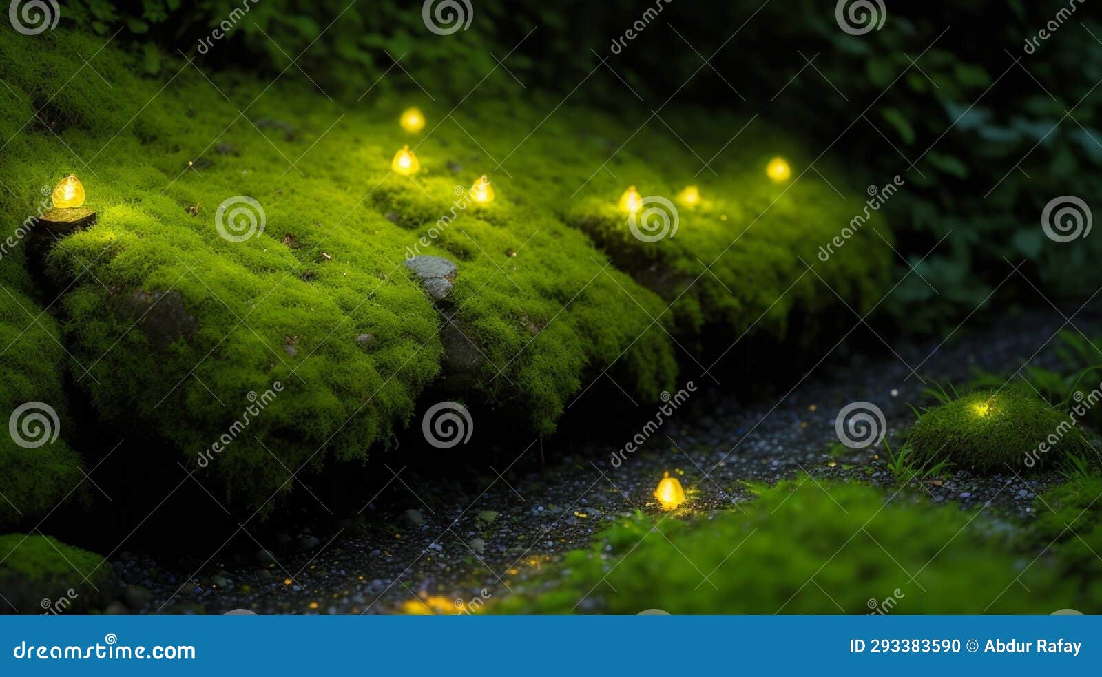 Fireflies Casting a Soft Glow on a Moss-covered Stone Wall. Stock ...