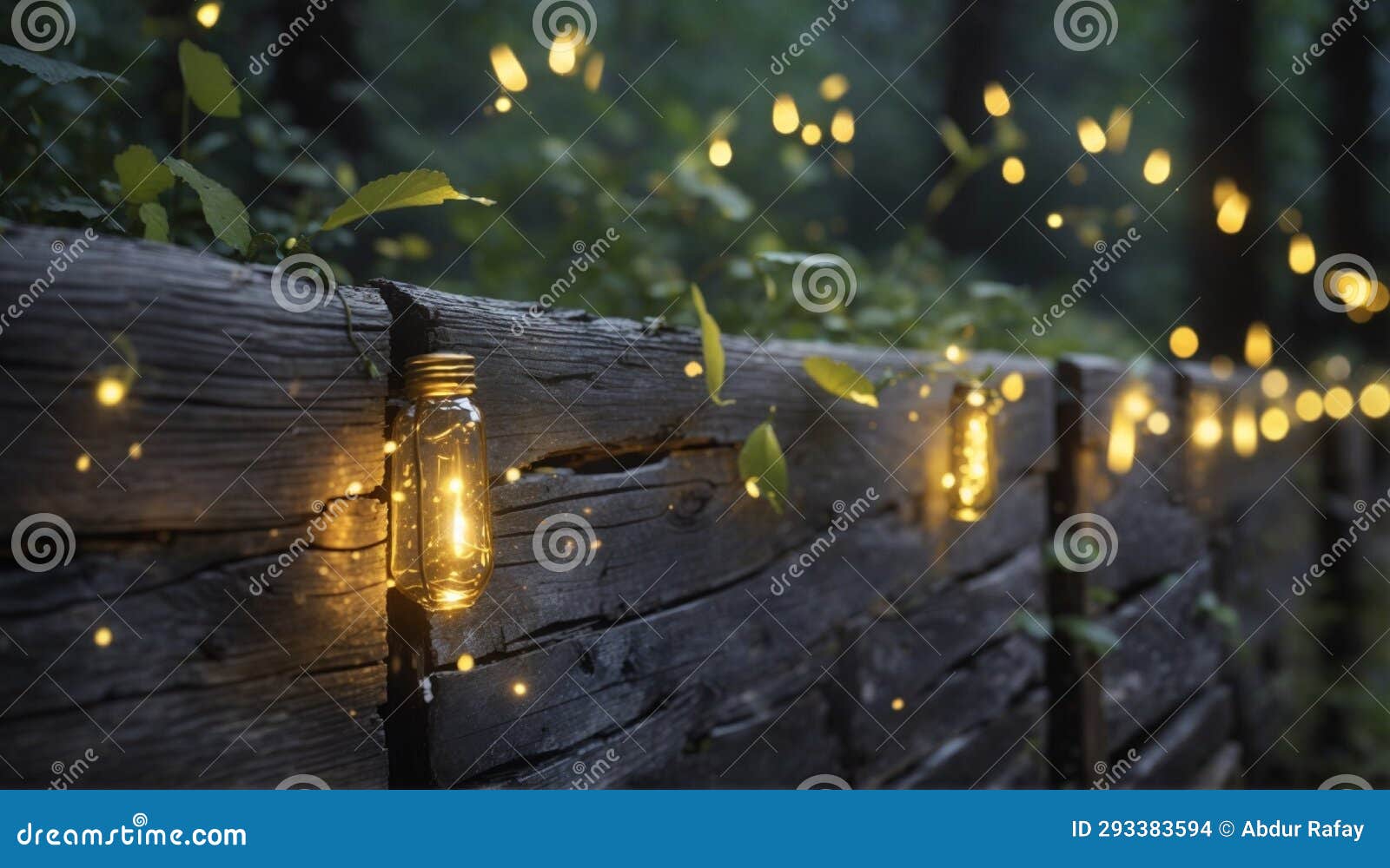 Fireflies Casting a Soft Glow on a Rustic Wooden Fence. Stock ...