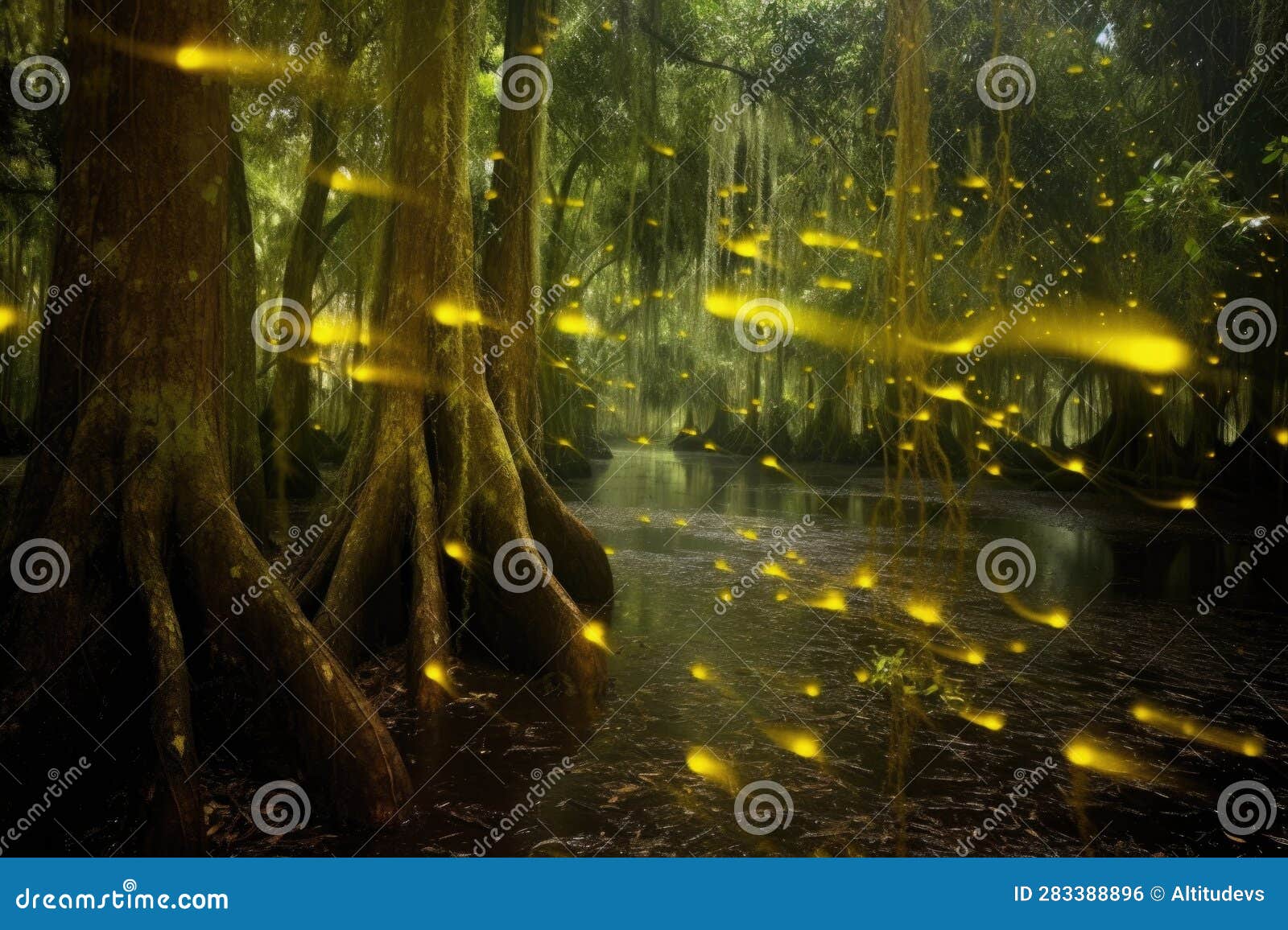 Fireflies Creating Light Patterns among Swamp Trees Stock Photo - Image ...