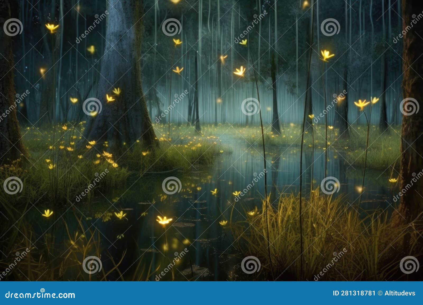 Fireflies Creating a Natural Light Show among Swamp Plants Stock ...