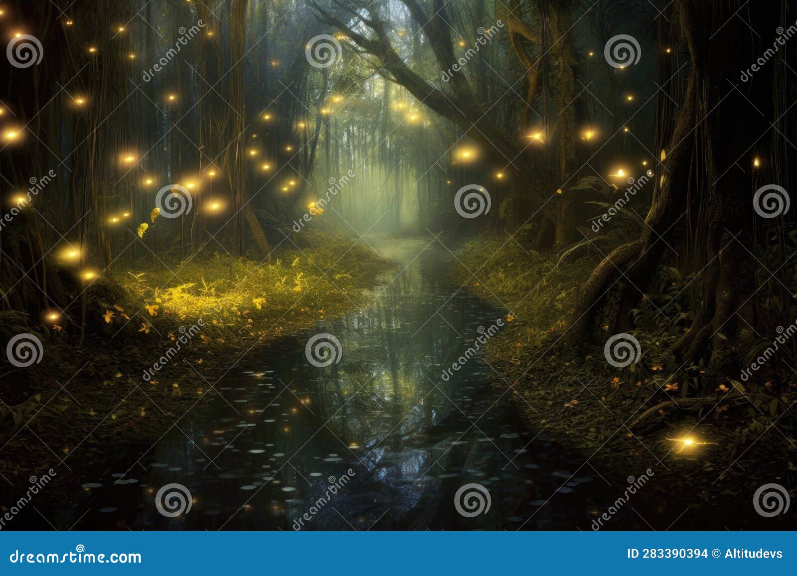 Fireflies Creating a Path of Light through the Misty Swamp Stock Photo ...