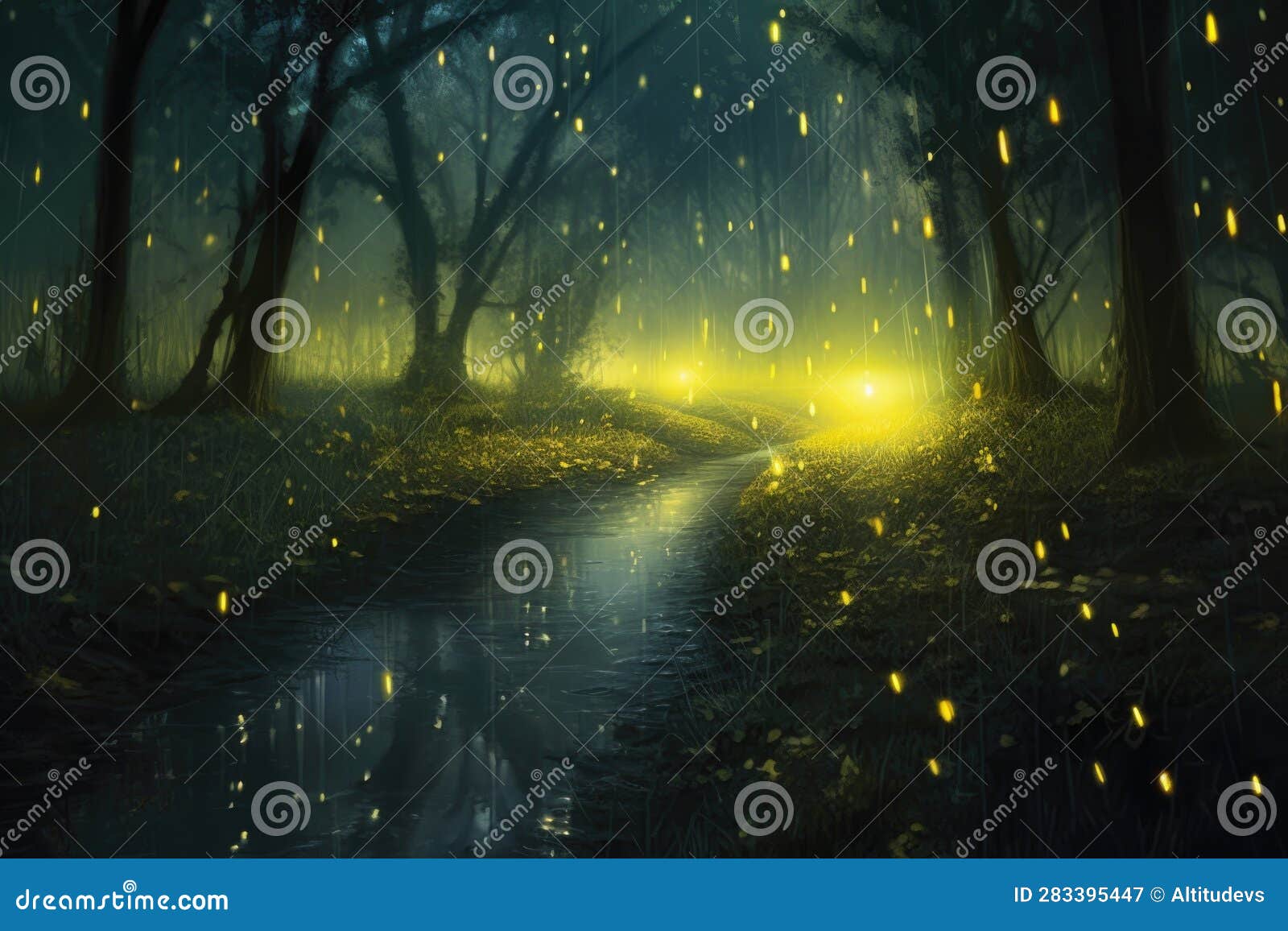 Fireflies Creating a Path of Light through the Misty Swamp Stock ...