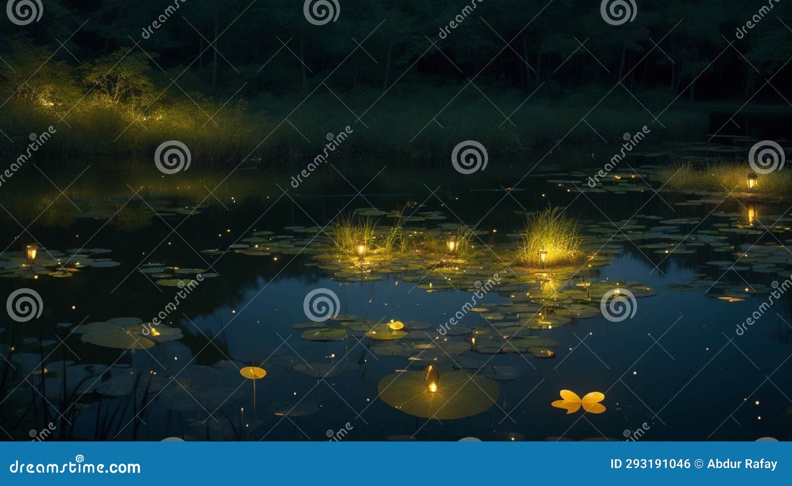 Fireflies Creating Patterns in the Air Above a Tranquil Pond. Stock ...