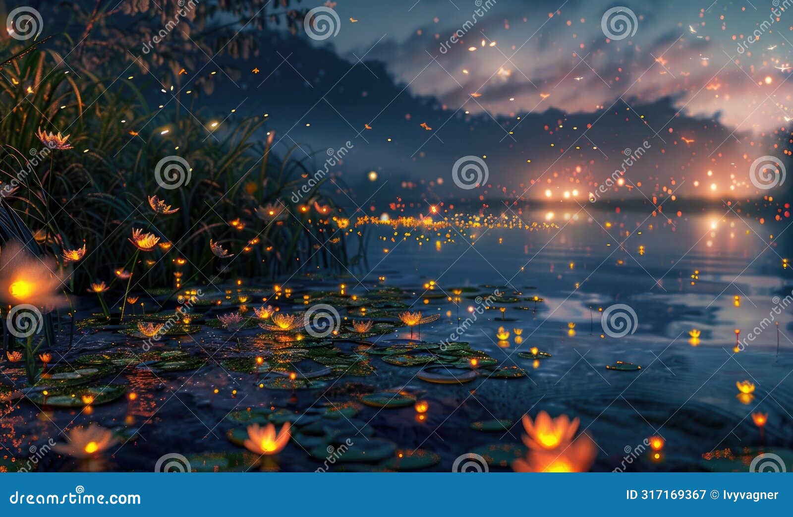 Fireflies Dancing among the Trees while Fireflies Glow Underwater Stock ...
